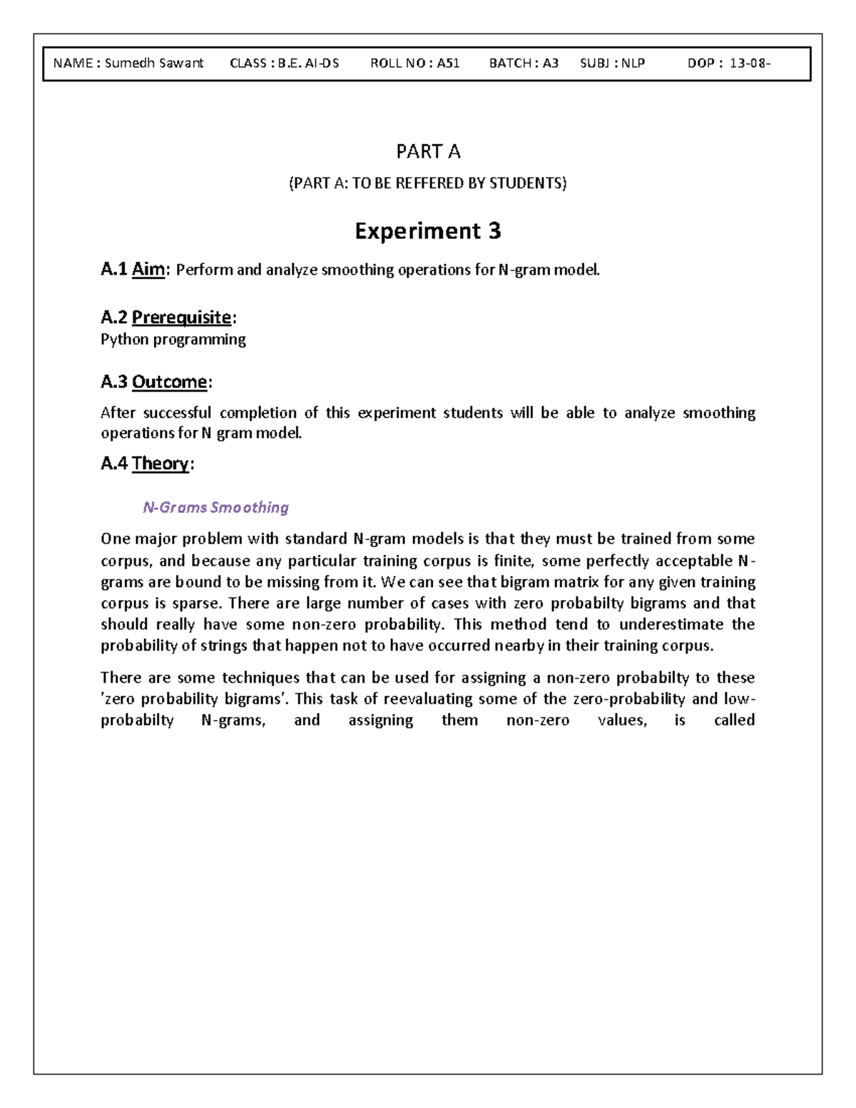 NLP Exp-3 A51 - Natural language processing Experiment No.3 - PART A (PART A: TO BE REFFERED BY ...