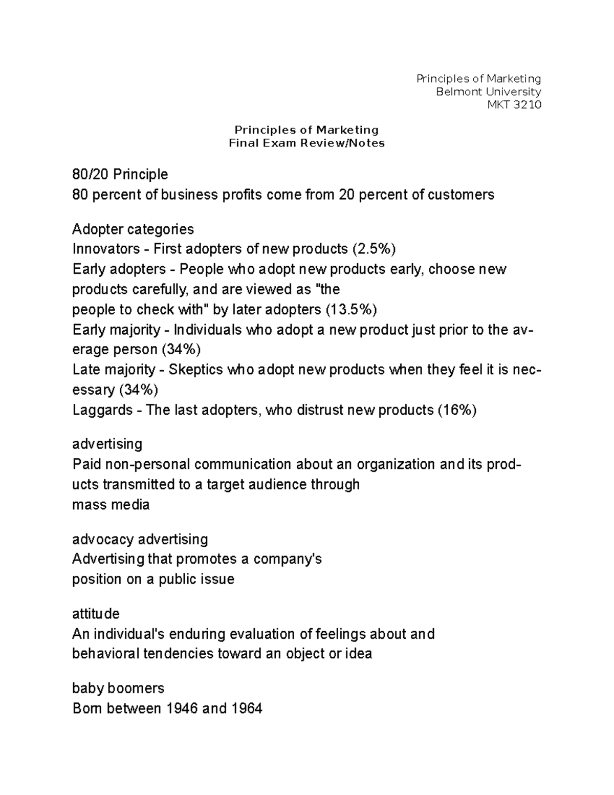 Principles of Marketing Final Notes - Principles of Marketing Belmont ...