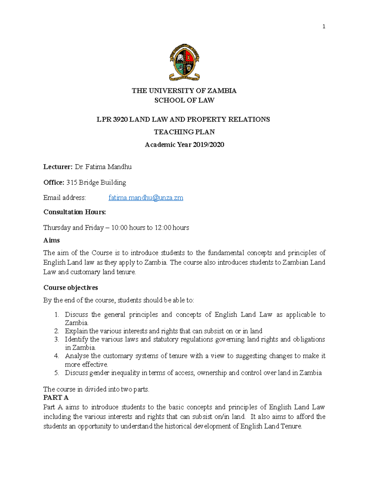Teaching Plan 2019 - 2020 for online teaching - THE UNIVERSITY OF ...
