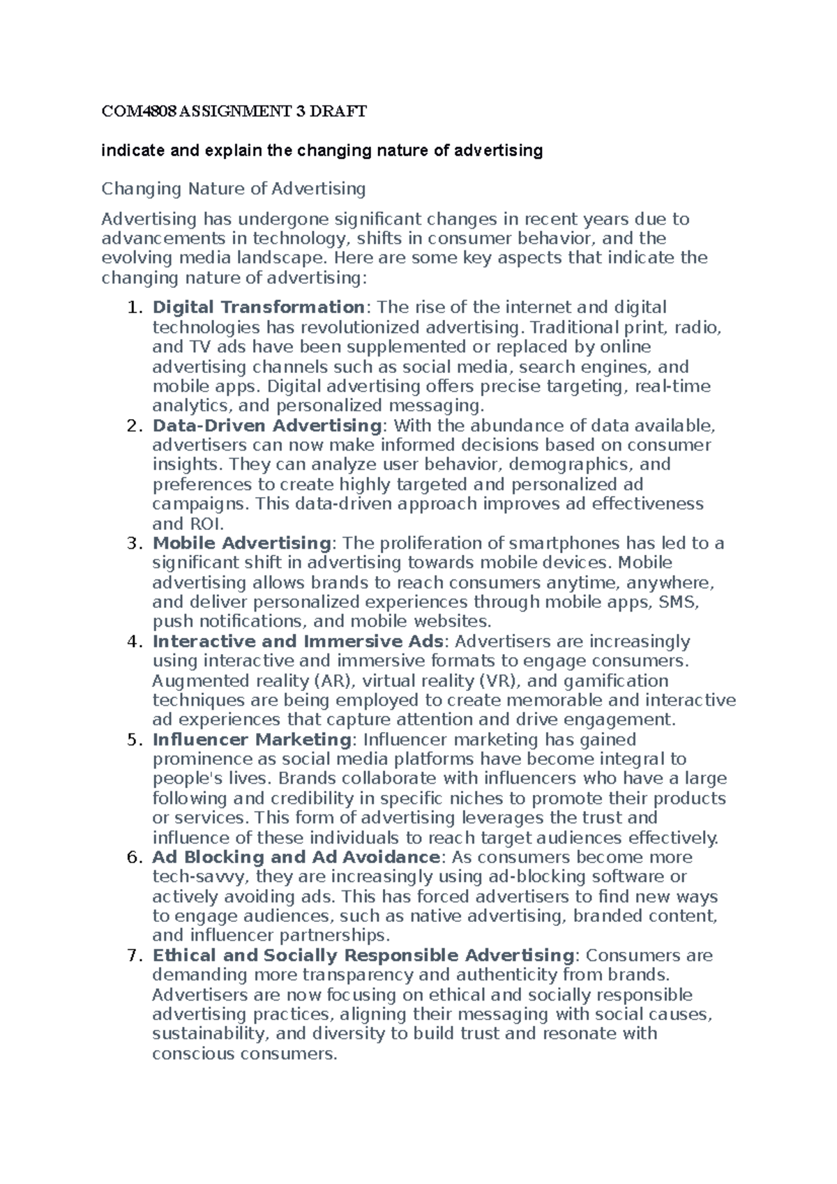 COM4808 Assignment 3 Draft Notes - COM4808 ASSIGNMENT 3 DRAFT indicate ...
