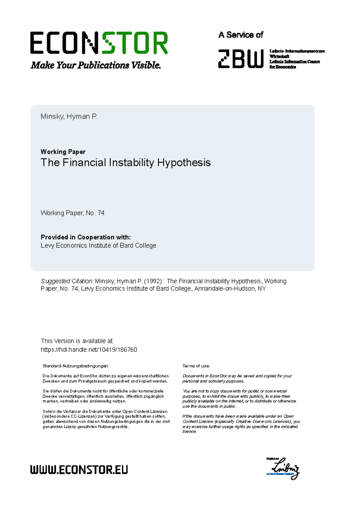 Wp074 - Minsky, Hyman P. Working Paper The Financial Instability ...