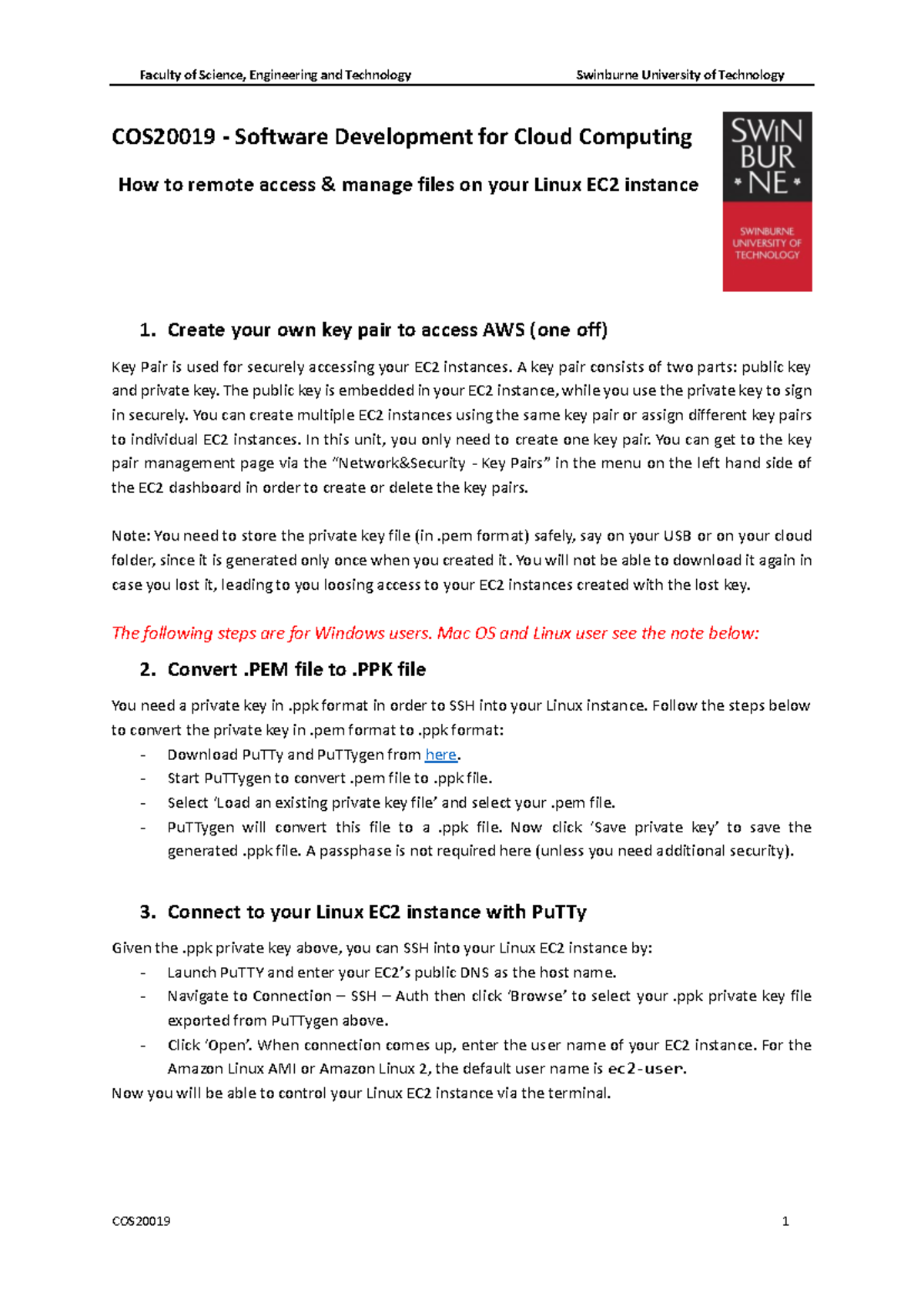 AWS Remote Access Tutorial - Faculty of Science, Engineering and Technology Swinburne University ...