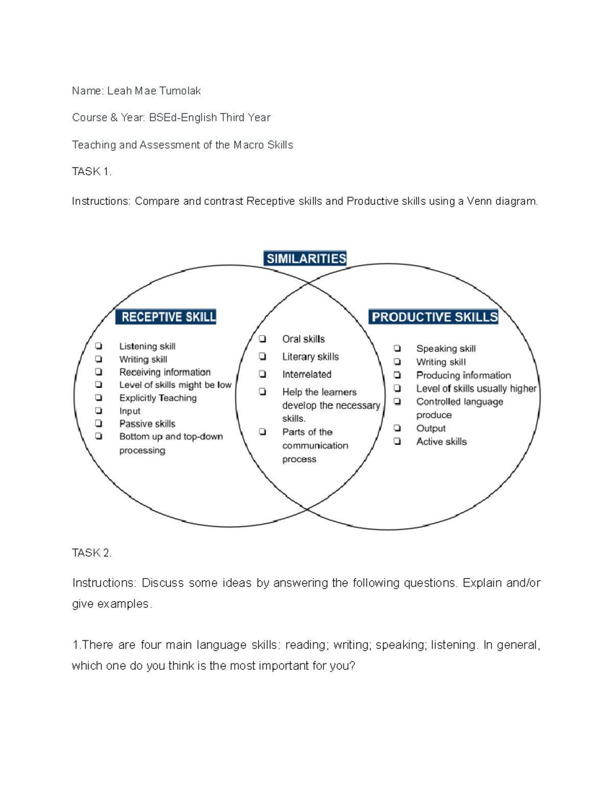 Tasks 1 AND 2 ON THE Overview OF THE Macro Skills - Name: Leah Mae ...