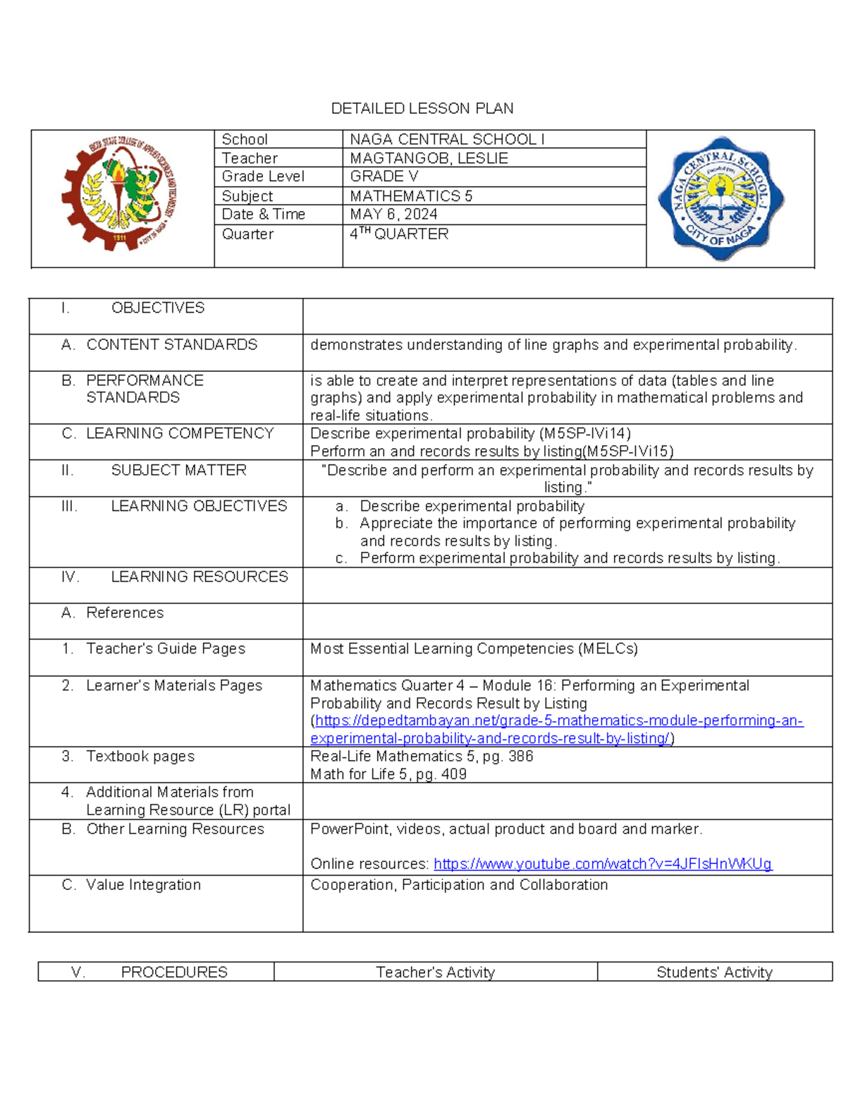 MATH5 Experimental Probability Magtangob - DETAILED LESSON PLAN School ...