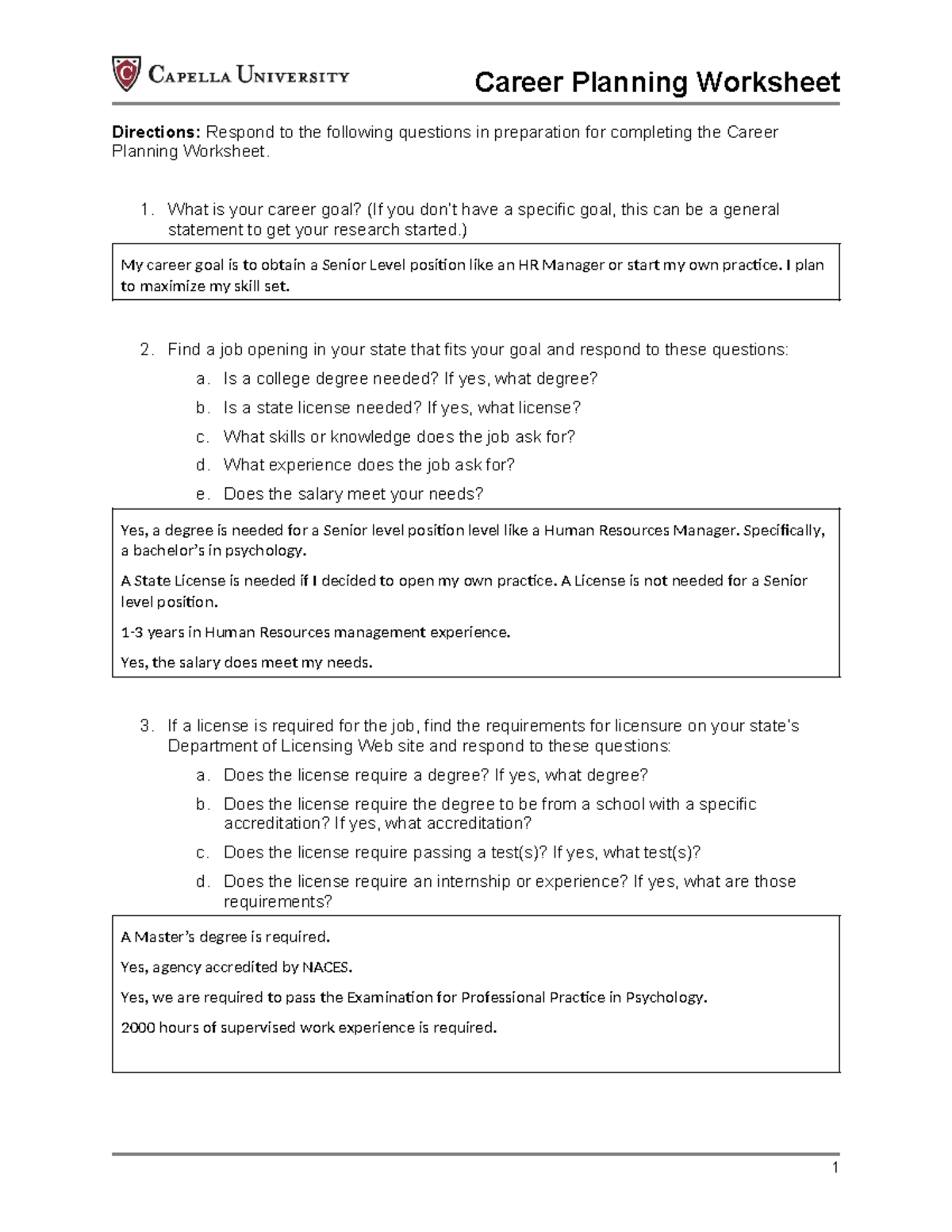 Cf career planning worksheet - Directions: Respond to the following ...