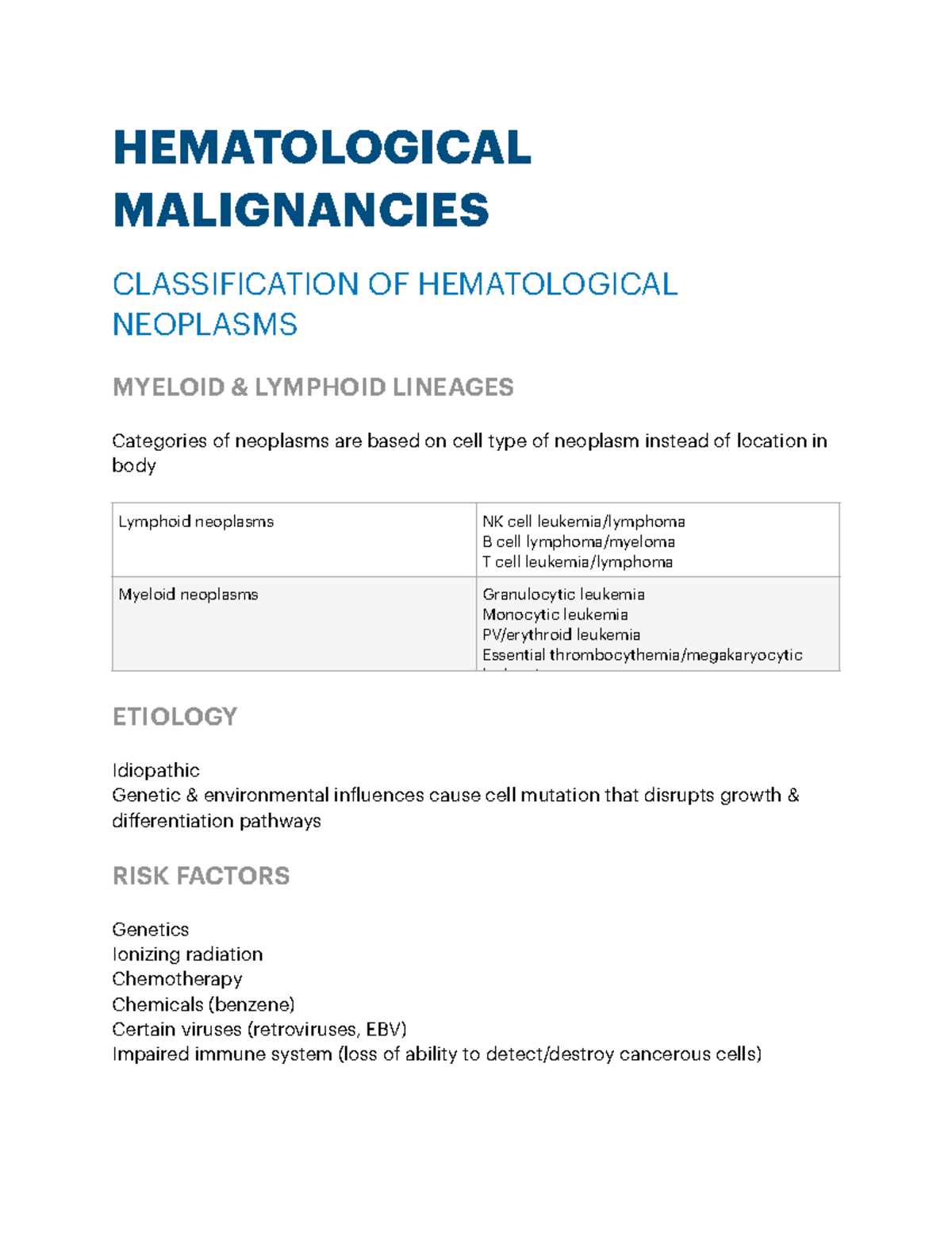 BIOL 2292 Module 13 - HEMATOLOGICAL MALIGNANCIES CLASSIFICATION OF ...