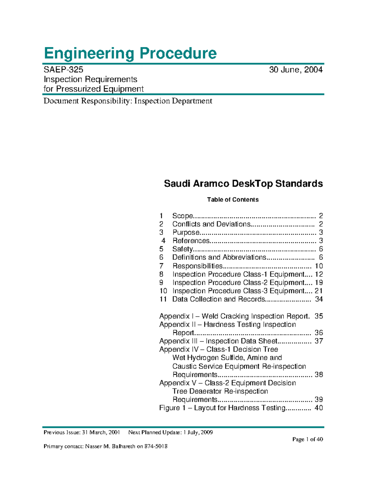 SAEP-325 - Procedure - Previous Issue: 31 March, 2001 Next Planned ...