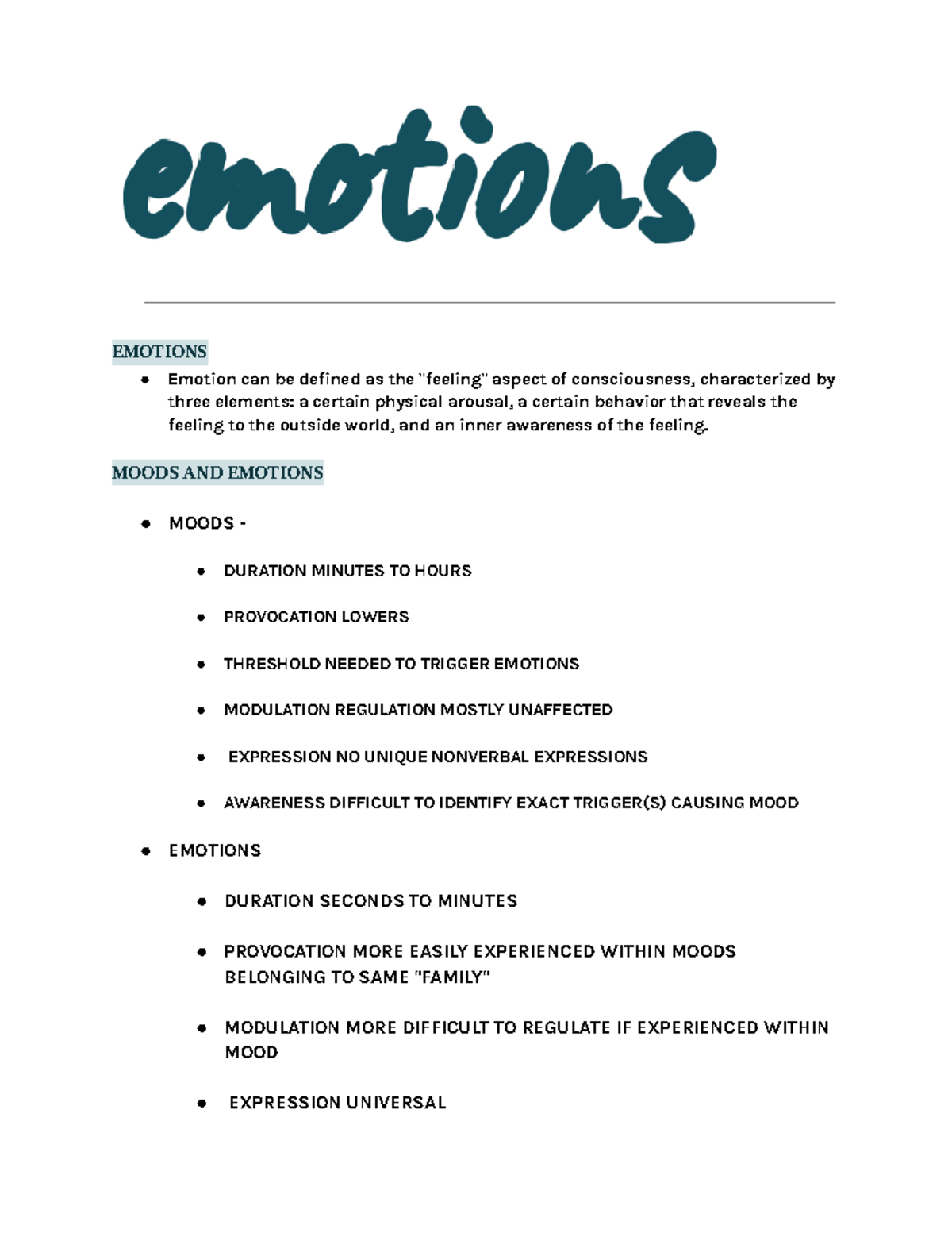 Emotions - MOODS AND EMOTIONS MOODS - DURATION MINUTES TO HOURS ...