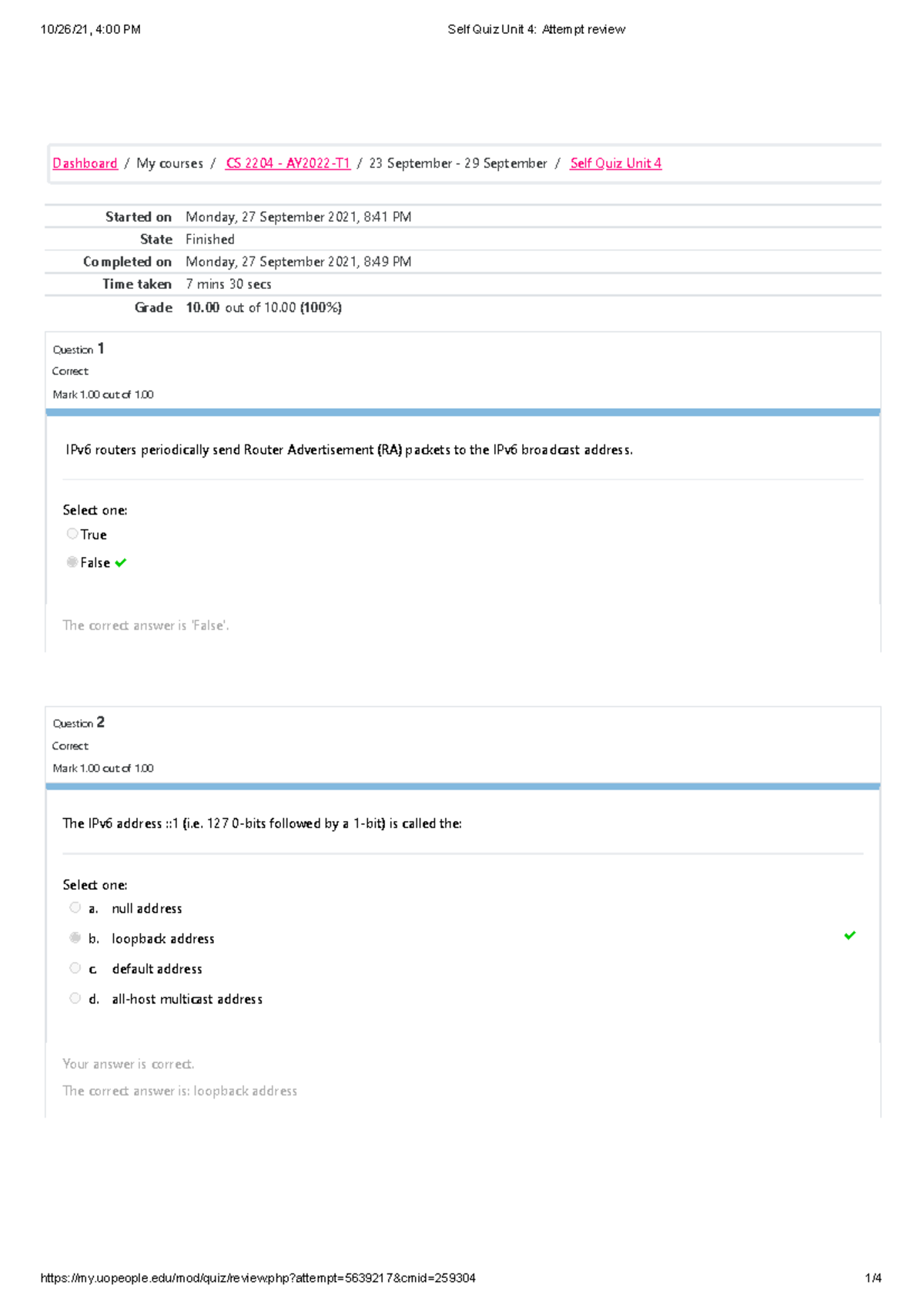 CS 2204 Self Quiz Unit 4 Attempt review 4 - Started on Monday, 27 ...