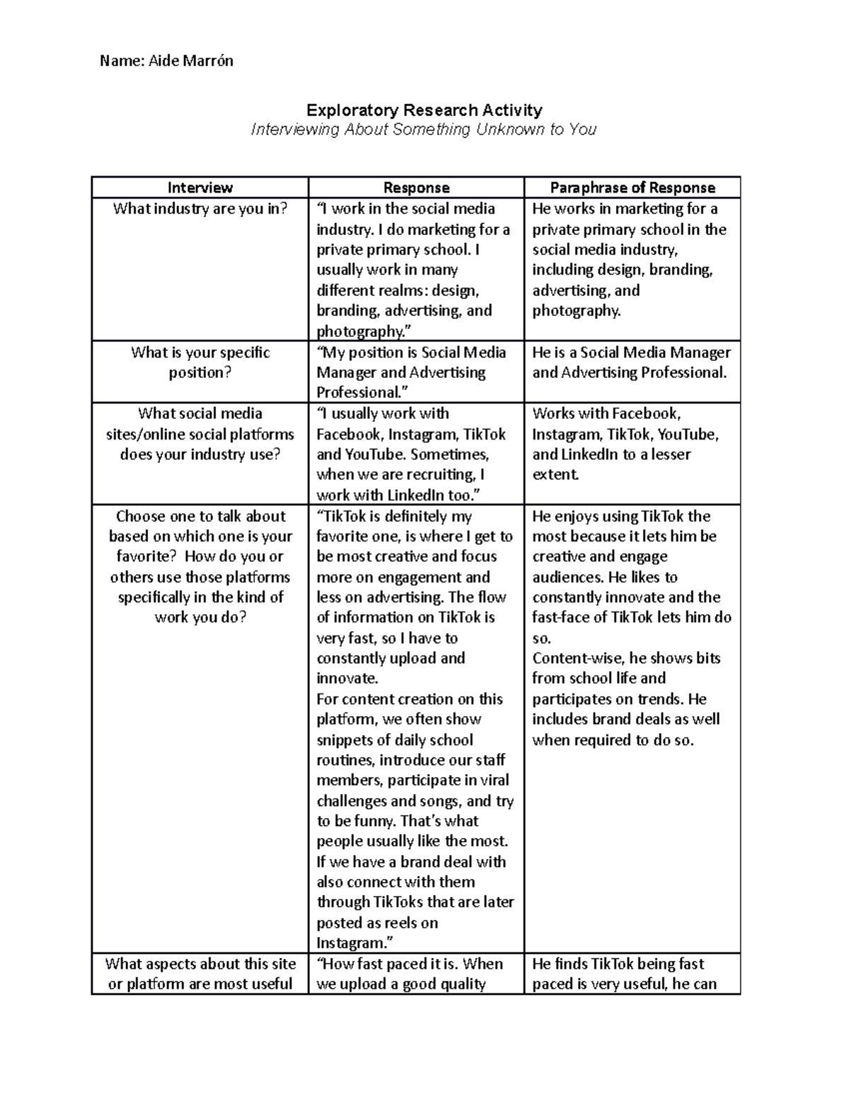 Activity 2 Exploratory Research Activity - Name: Aide Marrón ...