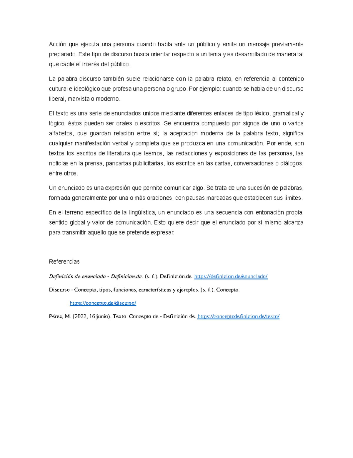 Definiciones - texto - Acción que ejecuta una persona cuando habla ante ...