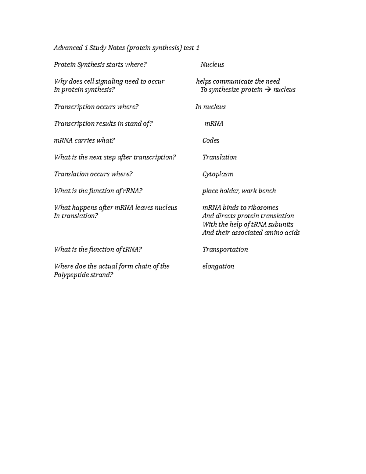 Advanced 1 Study Notes (protein synthesis) test 1 - Studocu