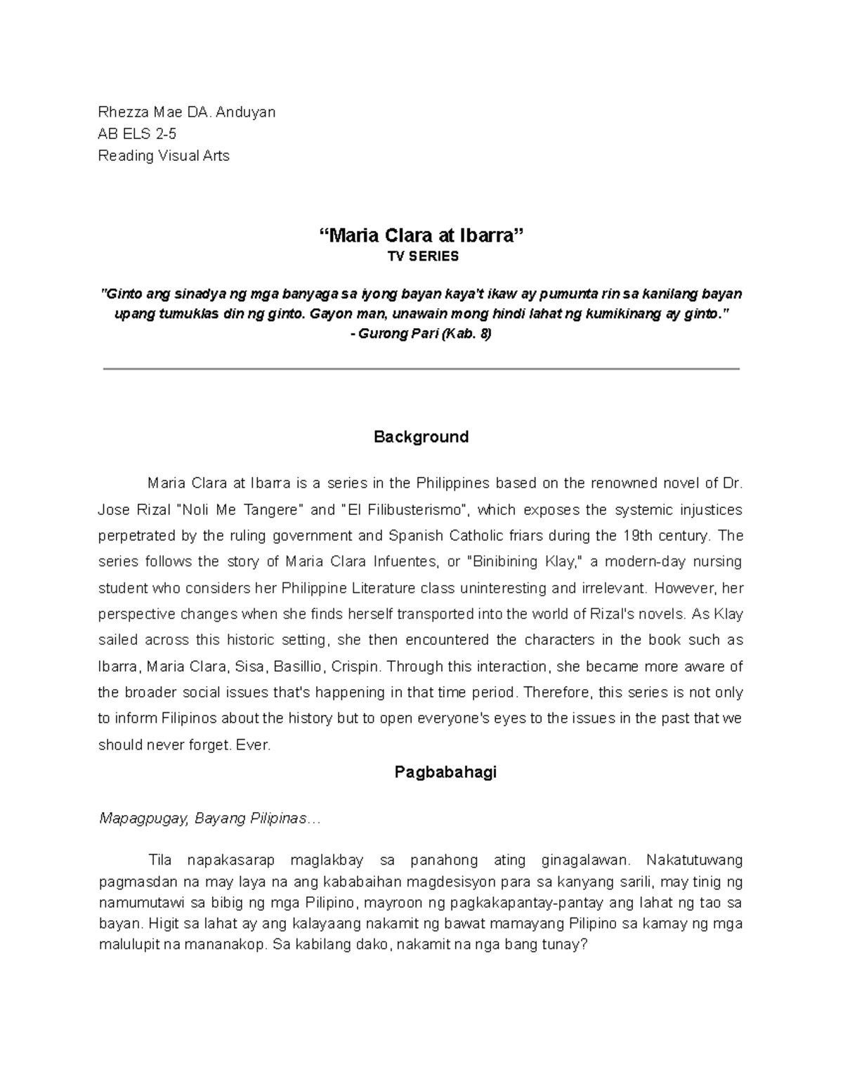 Anduyan, Rhezza DA First Minor Essay - Rhezza Mae DA. Anduyan AB ELS 2 ...