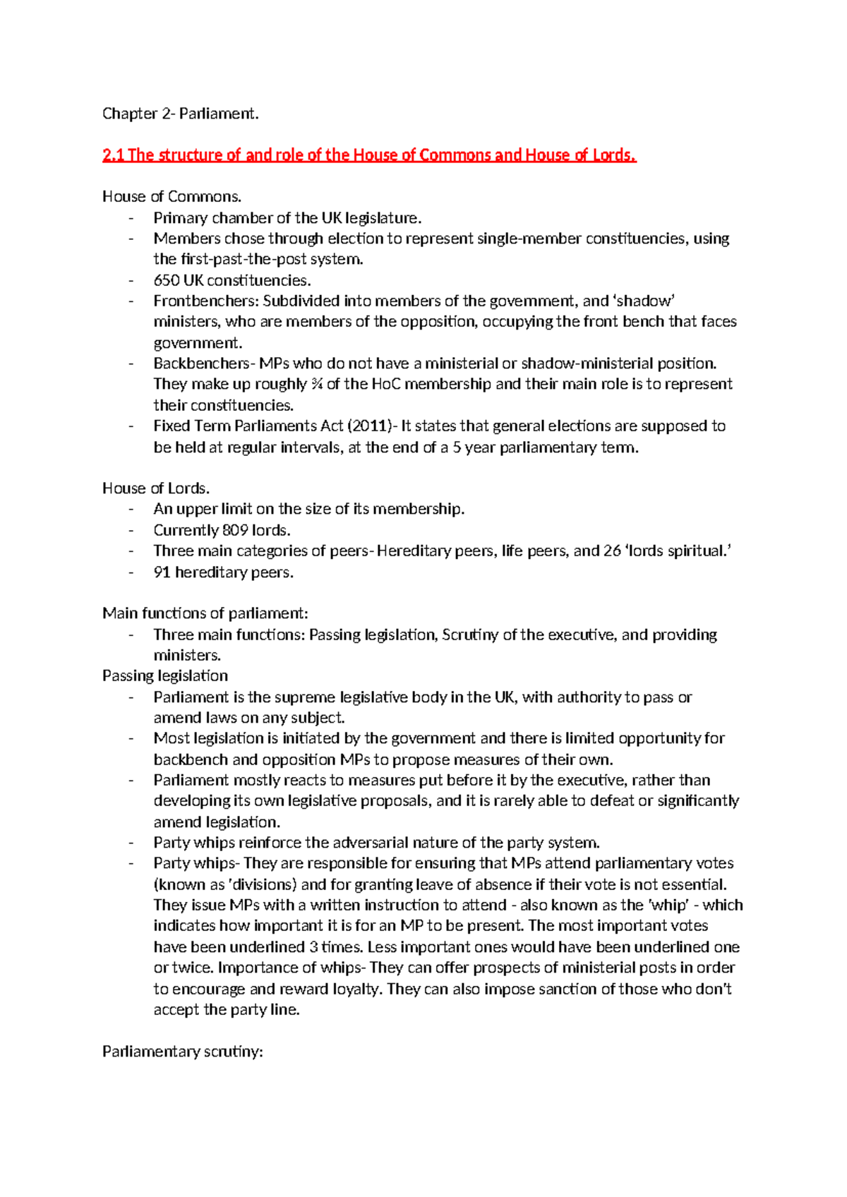 Chapter 2- Parliament - Summary Edexcel a level politics - Chapter 2 ...
