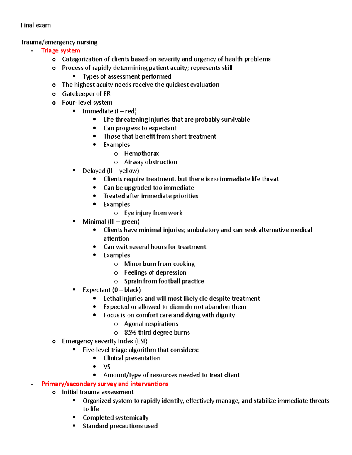 Final exam - notes - Final exam Trauma/emergency nursing - Triage ...