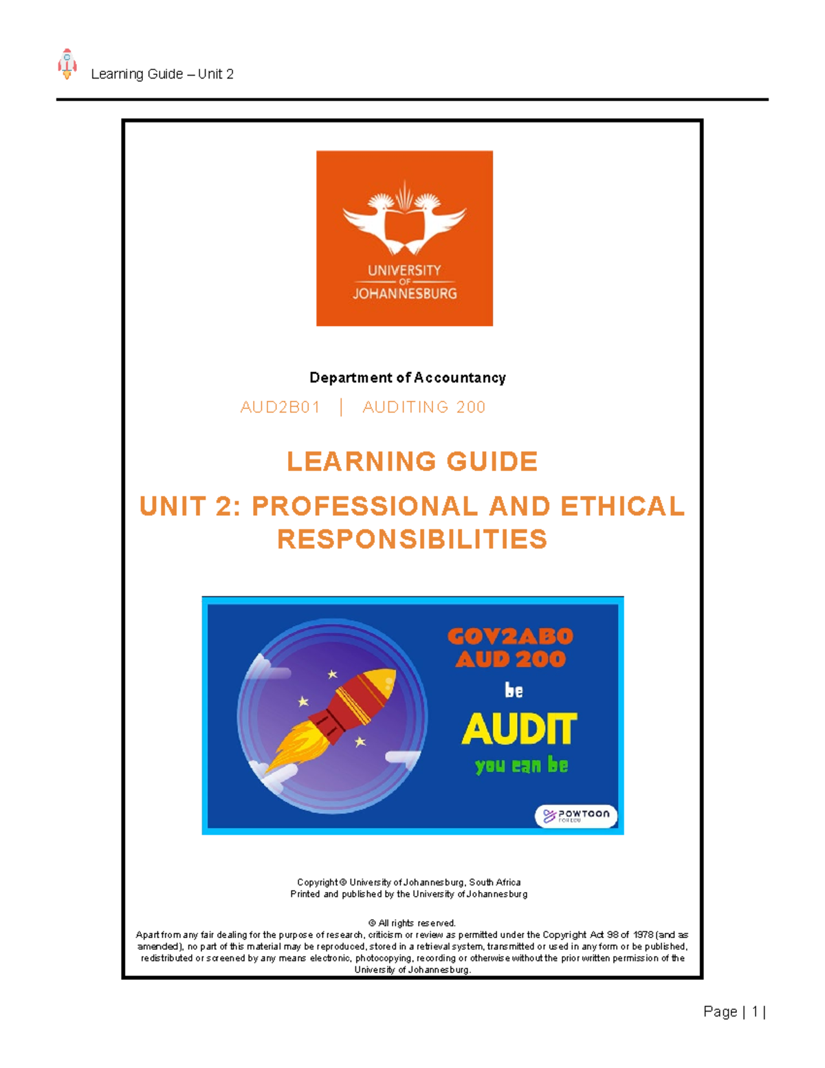 .Unit 2 - Learning Guide - Department of Accountancy AUD2B01 │ AUDITING ...