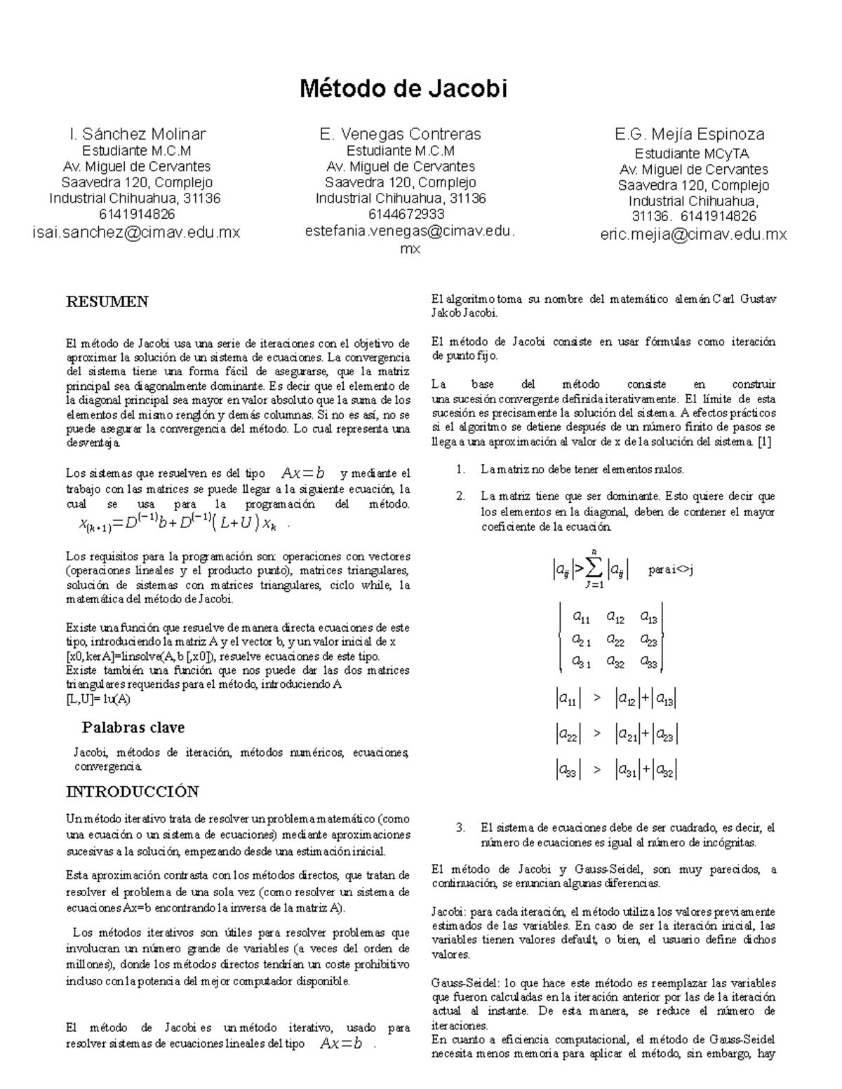 método de jacobi - Método de Jacobi I. Sánchez Molinar Estudiante M.C ...