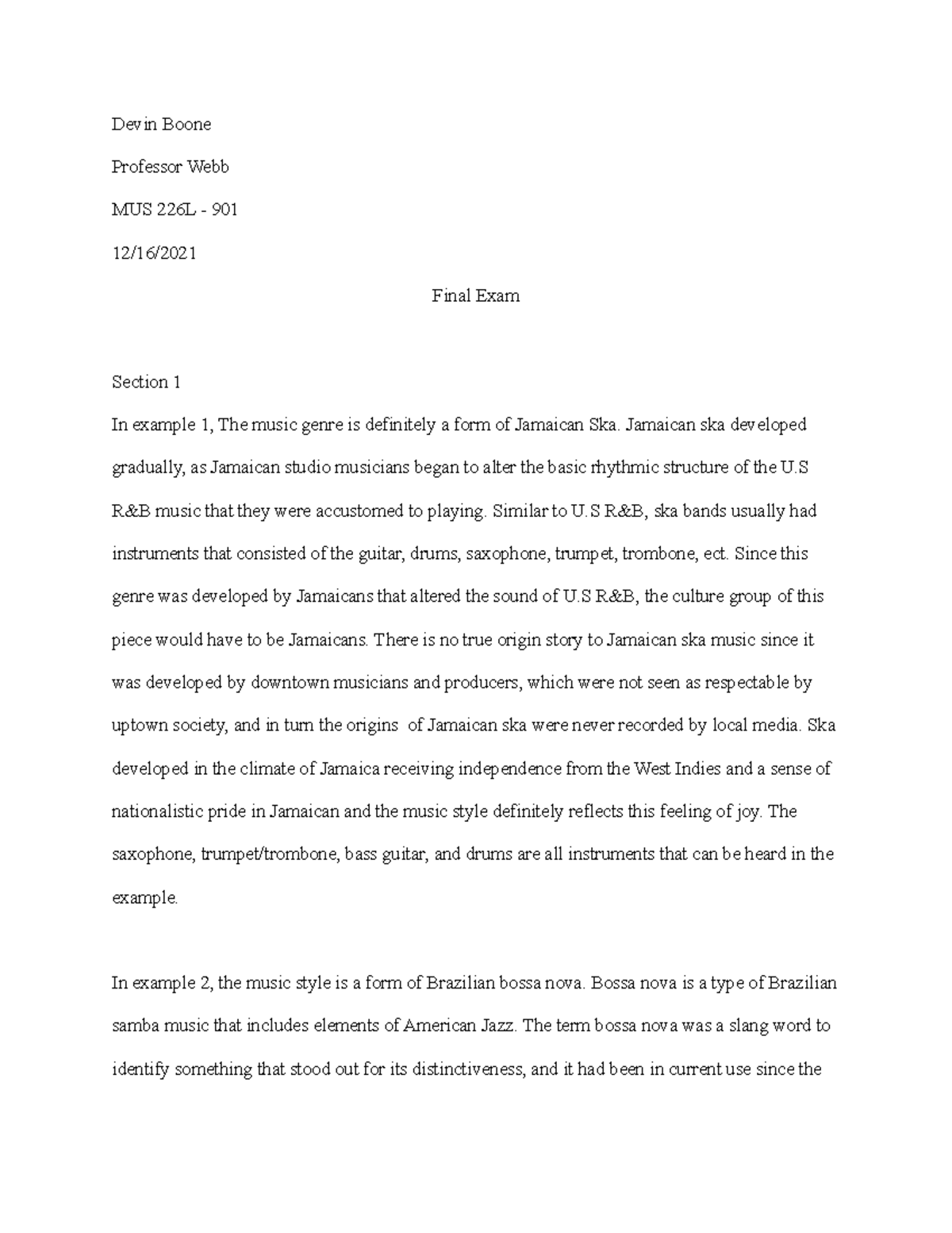 Final Exam - Devin Boone Professor Webb MUS 226L - 901 12/16/ Final ...