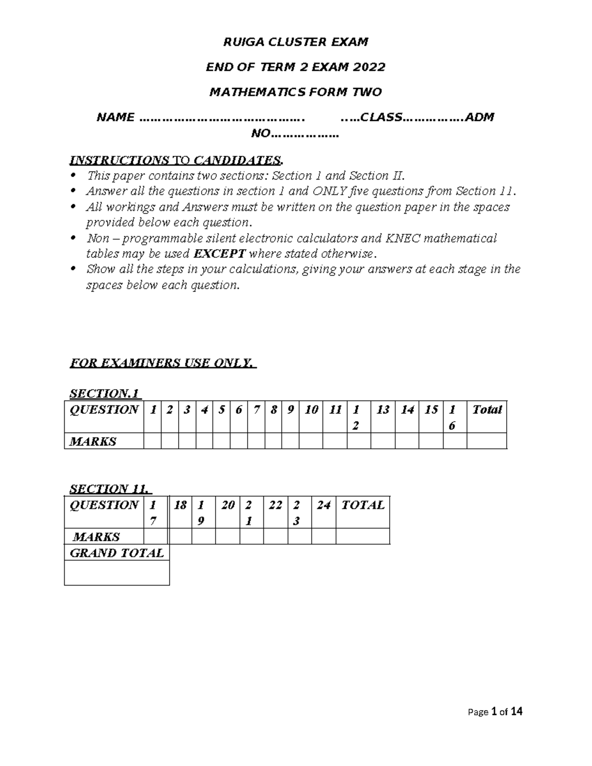 FORM 2 QP Maths Paper - WANT SUMMARIES - RUIGA CLUSTER EXAM END OF TERM ...
