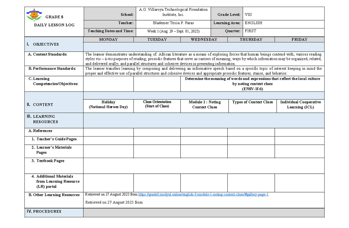 Grade 8 - Week 1 (English) - GRADE 8 DAILY LESSON LOG School: A ...