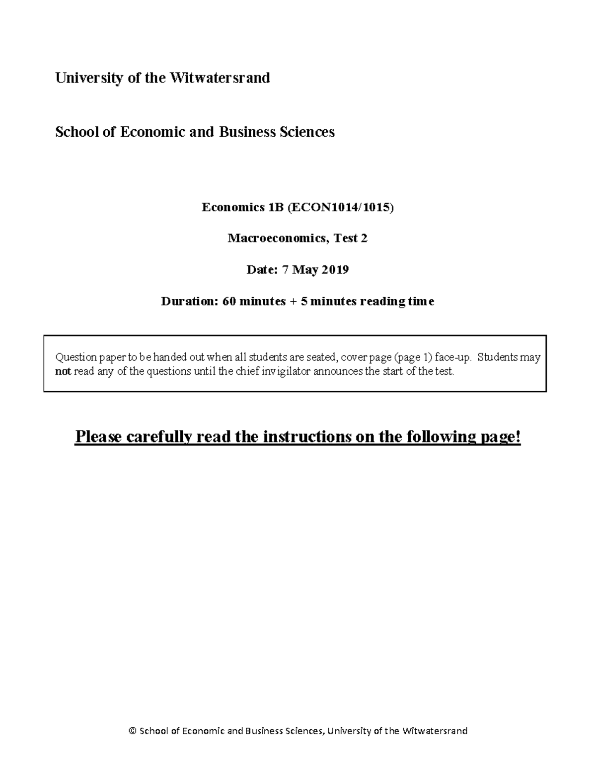 ECON1014 2019 SEM1 TEST2 - University of the Witwatersrand School of ...