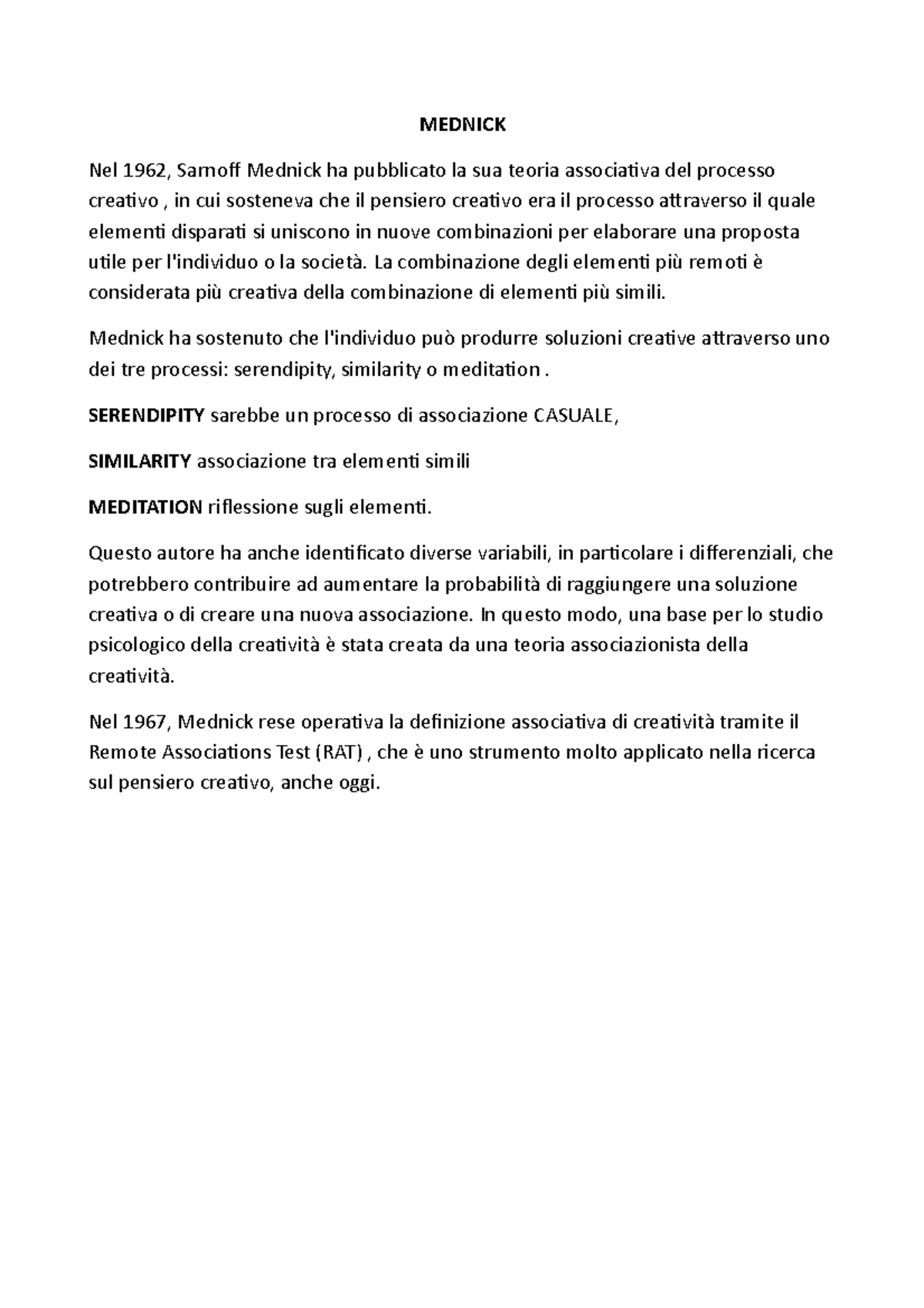 Mednick - pensiero - MEDNICK Nel 1962, Sarnoff Mednick ha pubblicato la ...