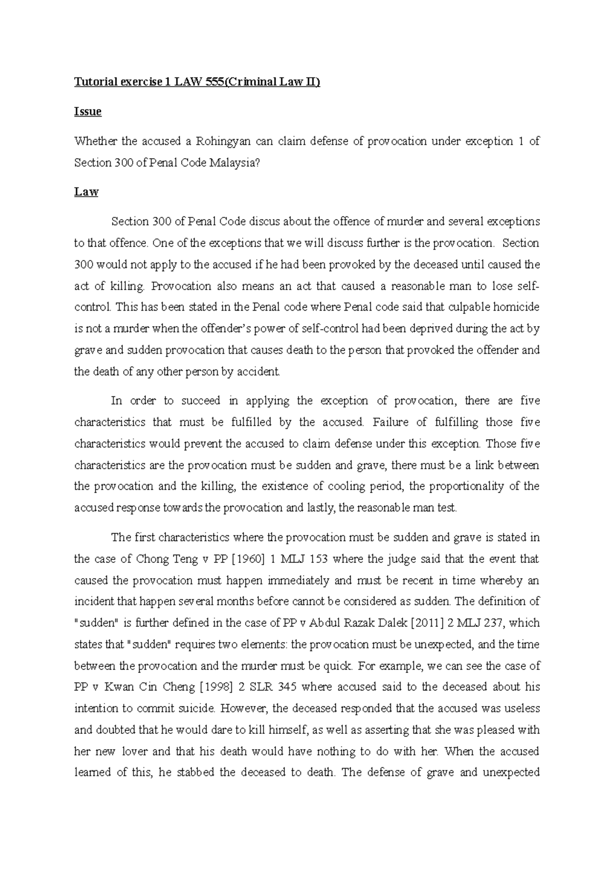 Tutorial exercise 1 LAW 555 - Tutorial exercise 1 LAW 555(Criminal Law ...