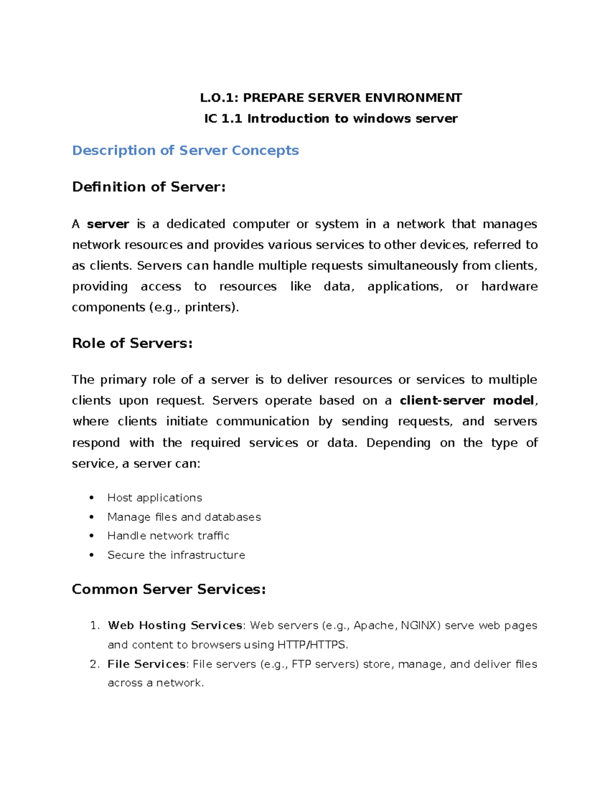 Windows server CSA - L.O: PREPARE SERVER ENVIRONMENT IC 1 Introduction to windows server ...