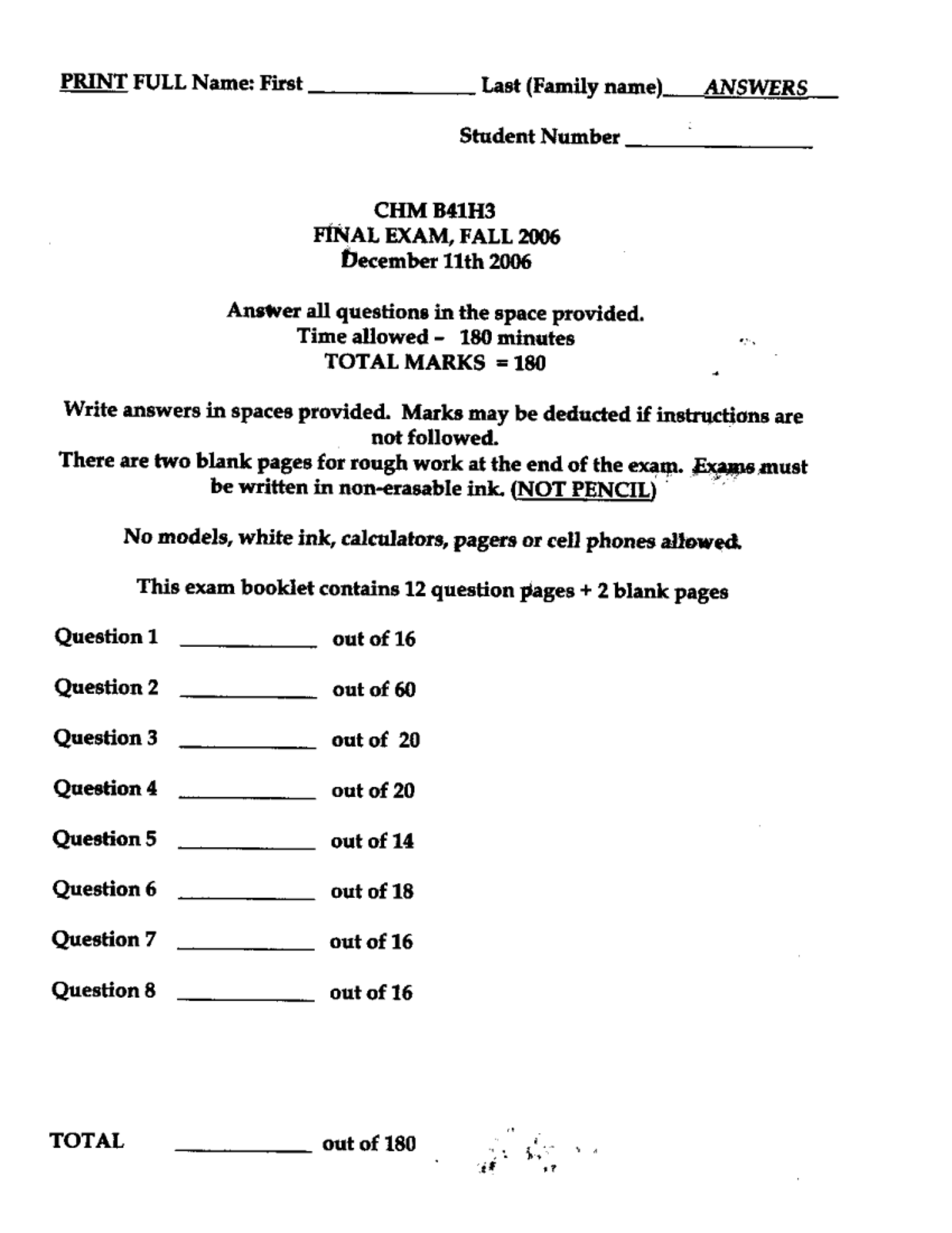 Sample final exam - CHMB41 Exam - PRINT FULL Name: First Last (Family ...