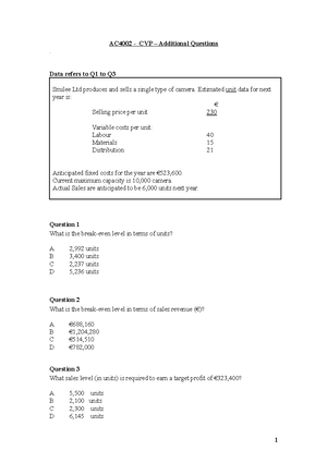 Sample Practice Solution - AC4002 CVP Solutions Solution 1 Smilee Ltd Break-even level in units ...