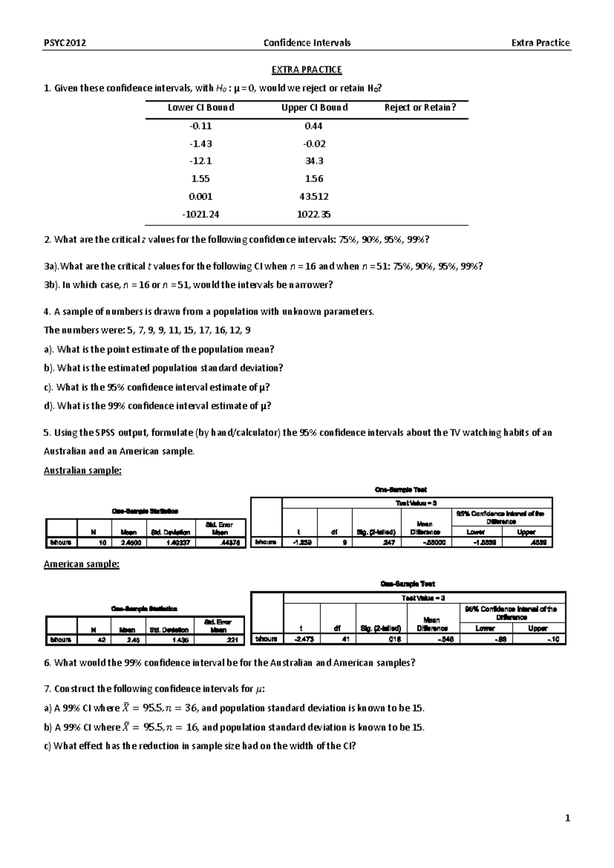 Confidence Intervals - Extra Practice - EXTRA PRACTICE Given these ...