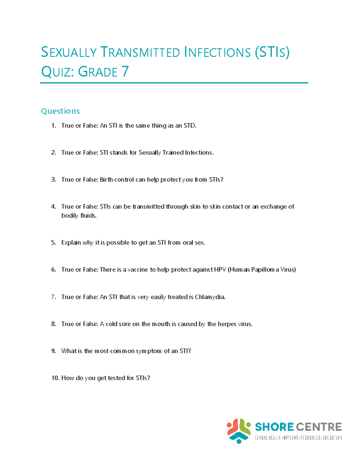 Grade 7 STI Quiz - Multiple choice questions - SEXUALLY TRANSMITTED ...
