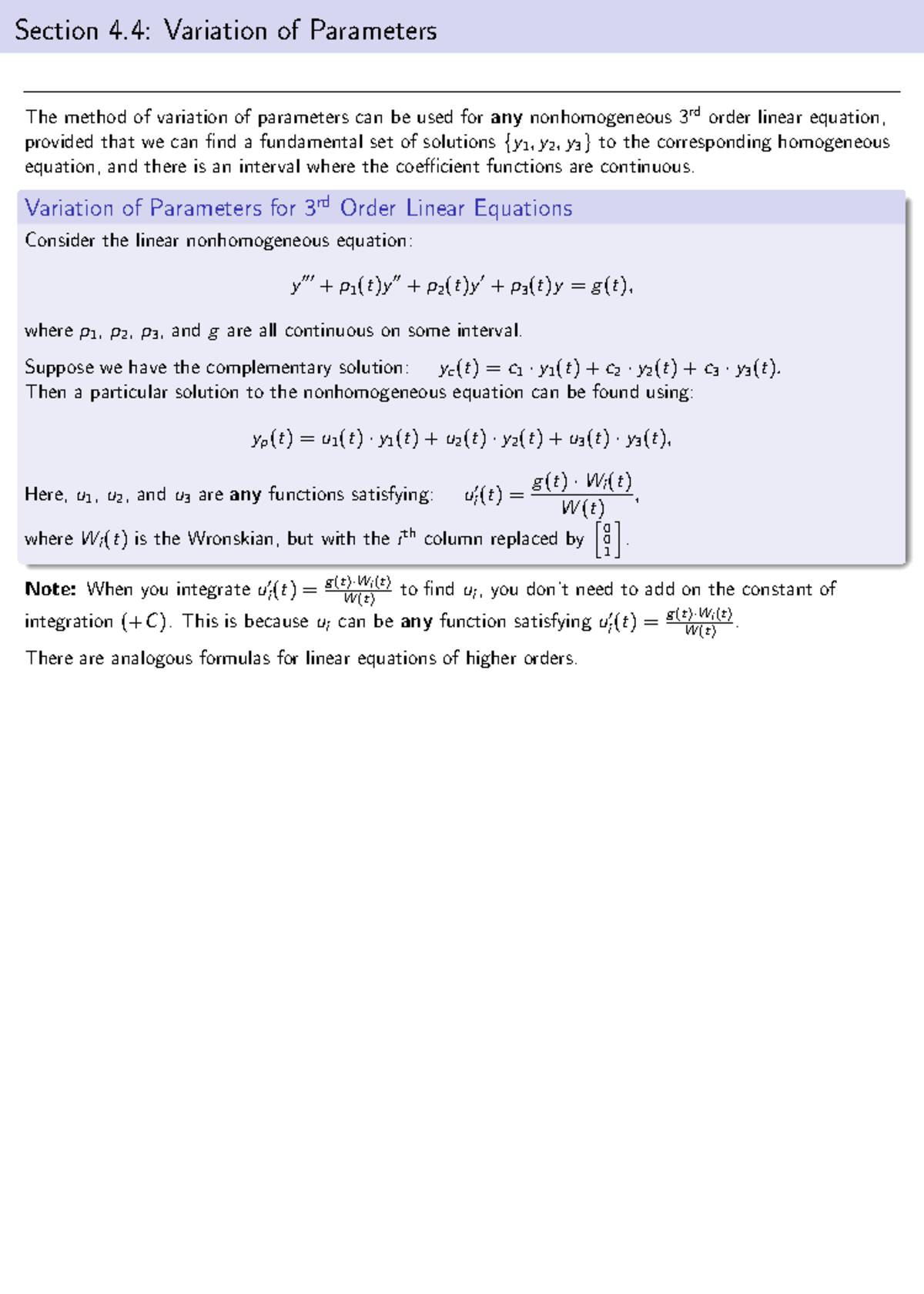 4.4 Variation of Parameters - Section 4: Variation of Parameters The ...