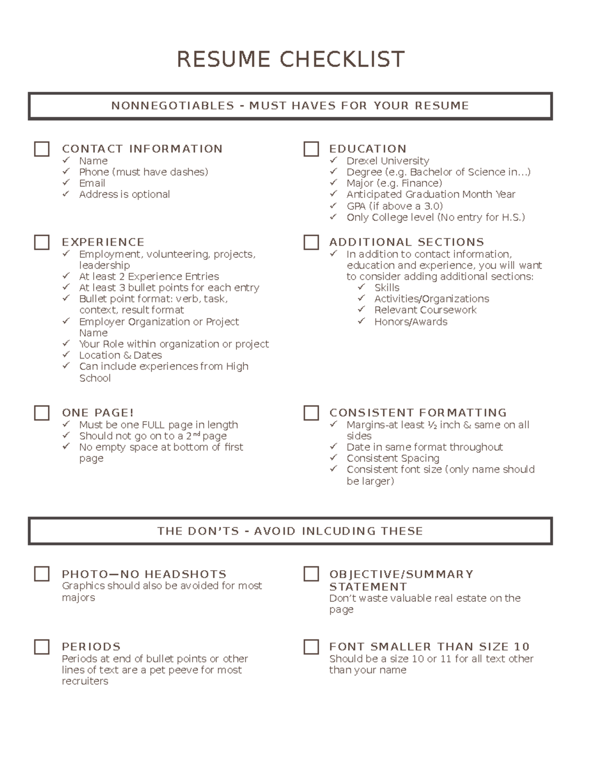 Resume Checklist (1) - ... - RESUME CHECKLIST NONNEGOTIABLES - MUST ...