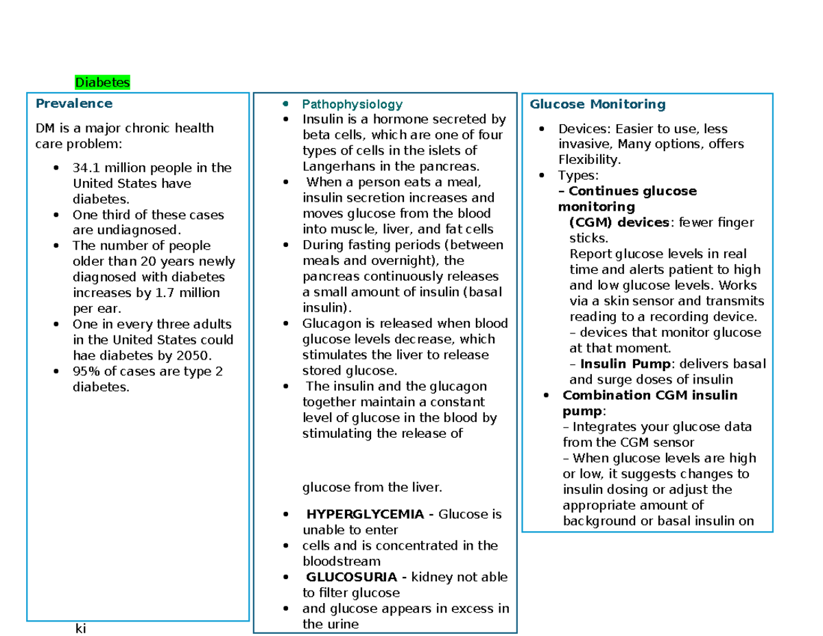 Diabetes lecture notes - Diabetes Pathophysiology Insulin is a hormone ...