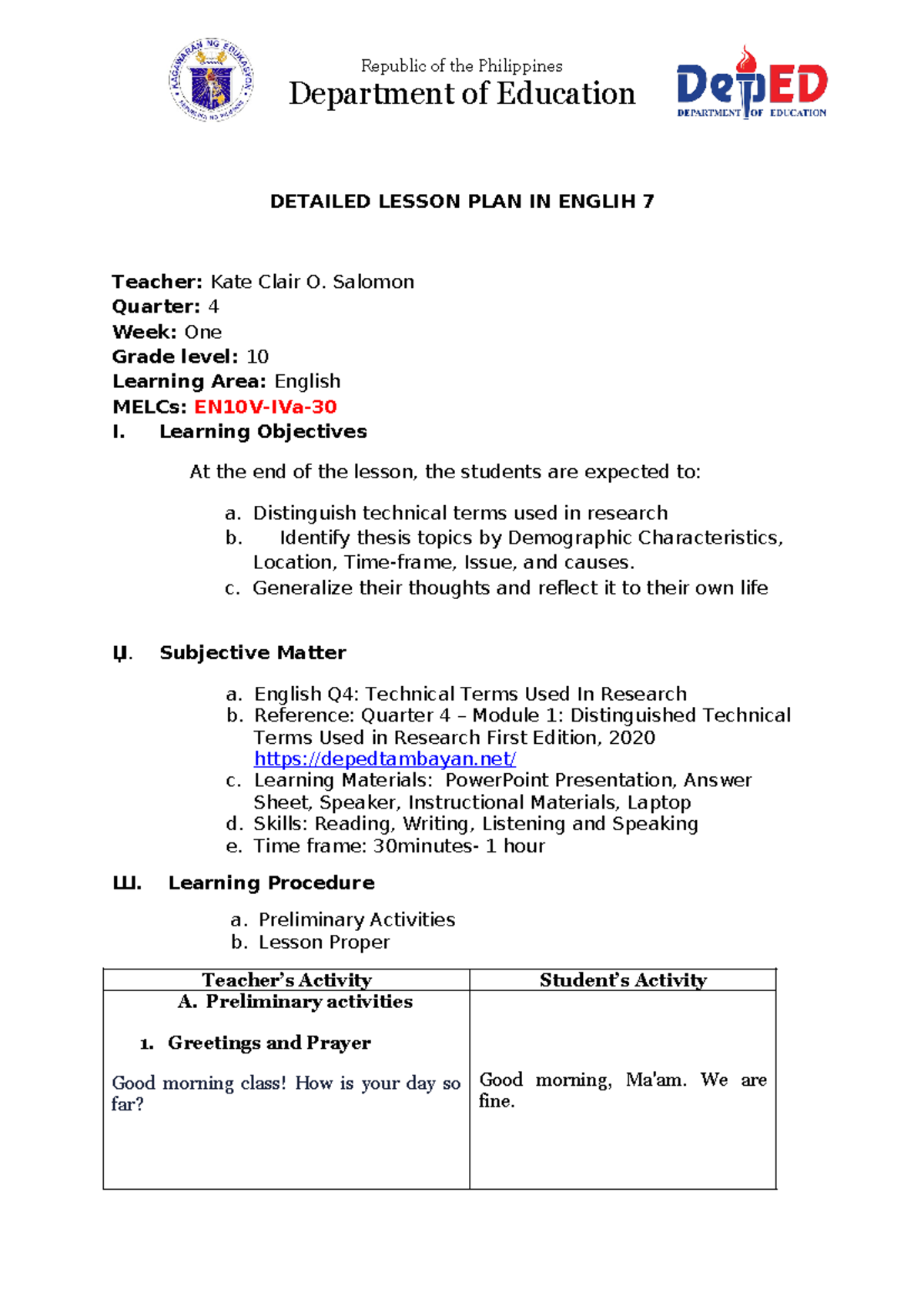 Lesson Plan on Research - Department of Education DETAILED LESSON PLAN ...