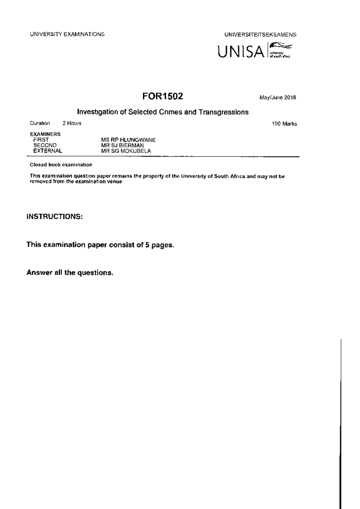 FOR1502 2018 6 E 1 - Past exam paper - UNIVERSITY EXAMINATIONS ...