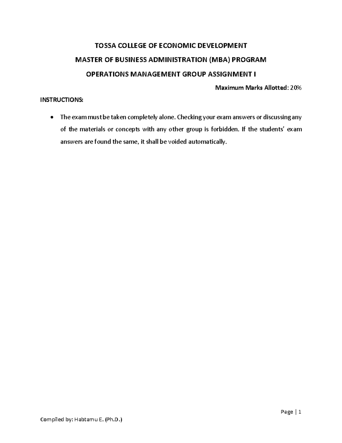 Operations Management Group Assignment I - Page | 1 TOSSA COLLEGE OF ...