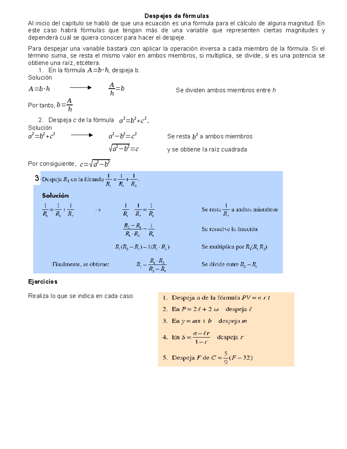 HOJA DE Trabajo 13 MATE Bachiller - Despejes de fórmulas Al inicio del ...