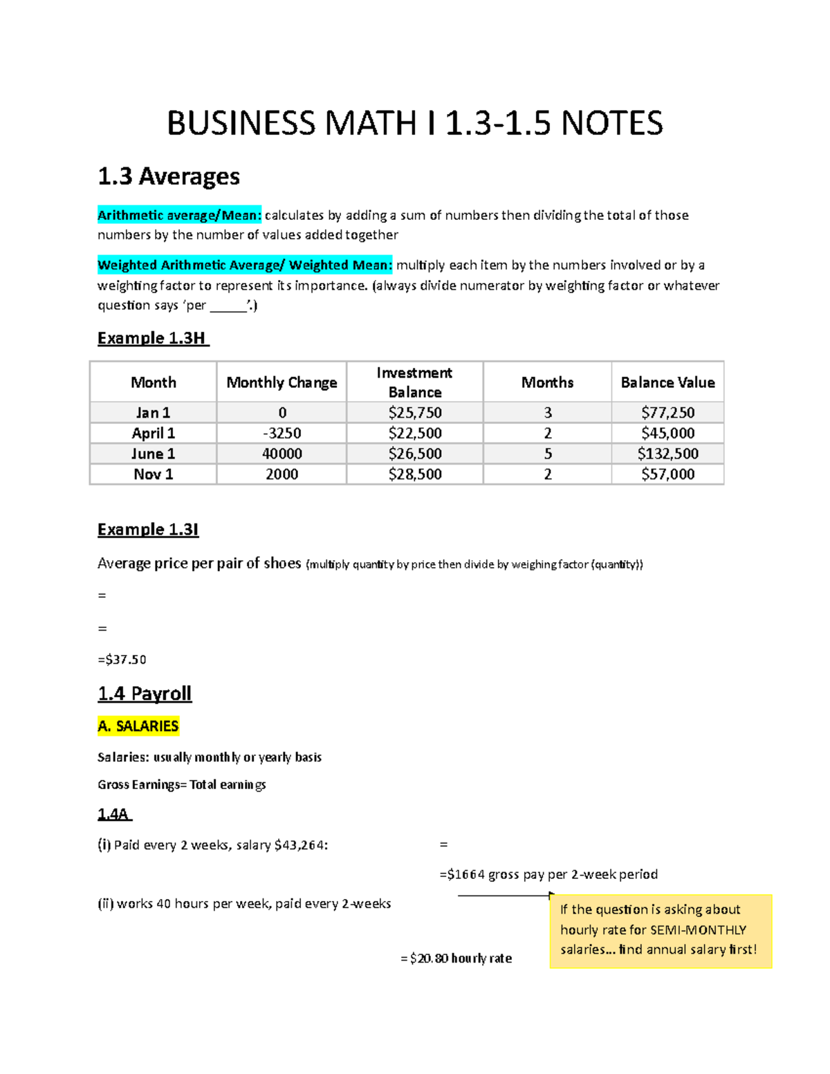 Business MATH I Note 2 - BUSINESS MATH I 1.3-1 NOTES 1 Averages ...