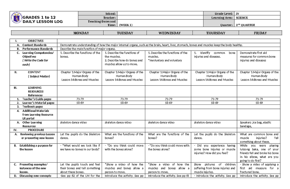 DLL Science 4 Q2 W1 - GRADES 1 to 12 DAILY LESSON LOG School: Grade ...