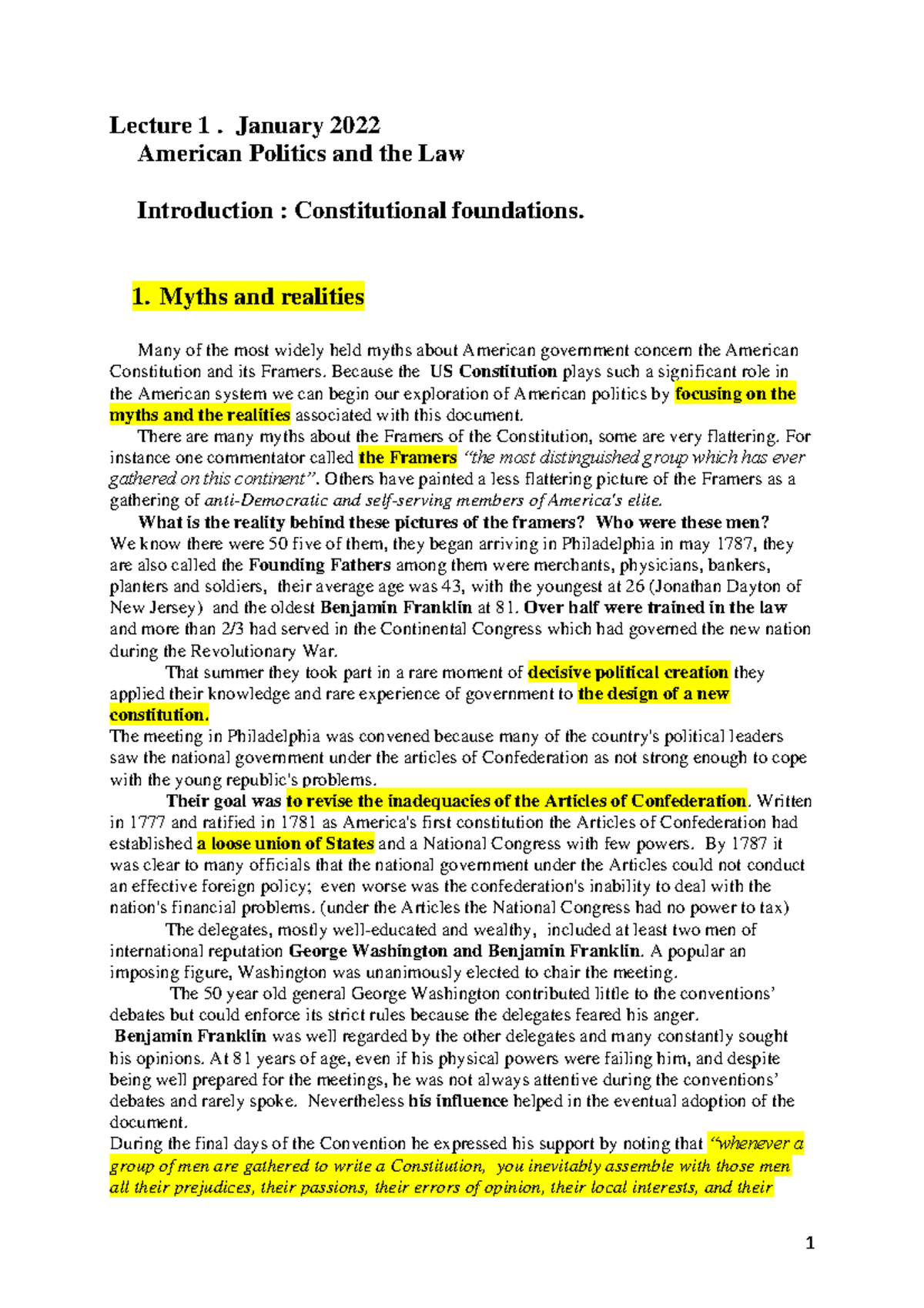 Lecture 1 January 2022 American politics and the Law - Constitutional Foundations - Lecture 1 ...