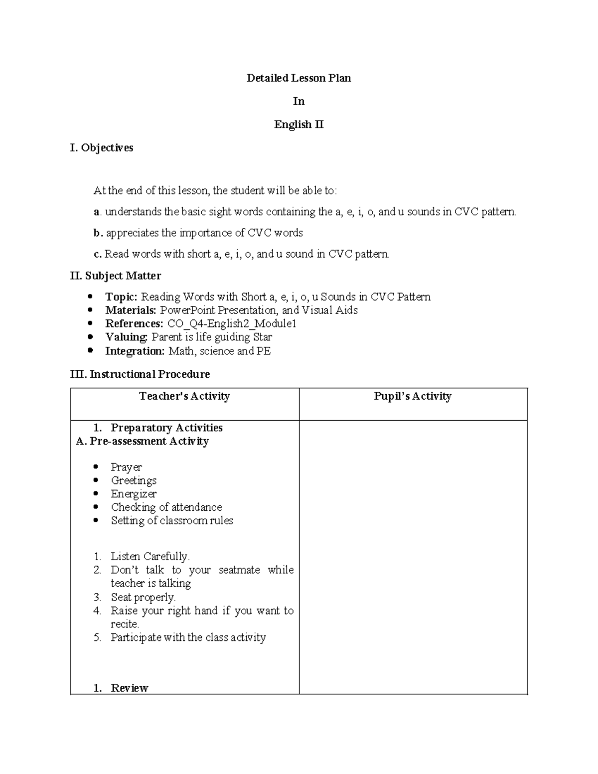 Day 1 English DLP - Copy - Detailed Lesson Plan In English II I ...