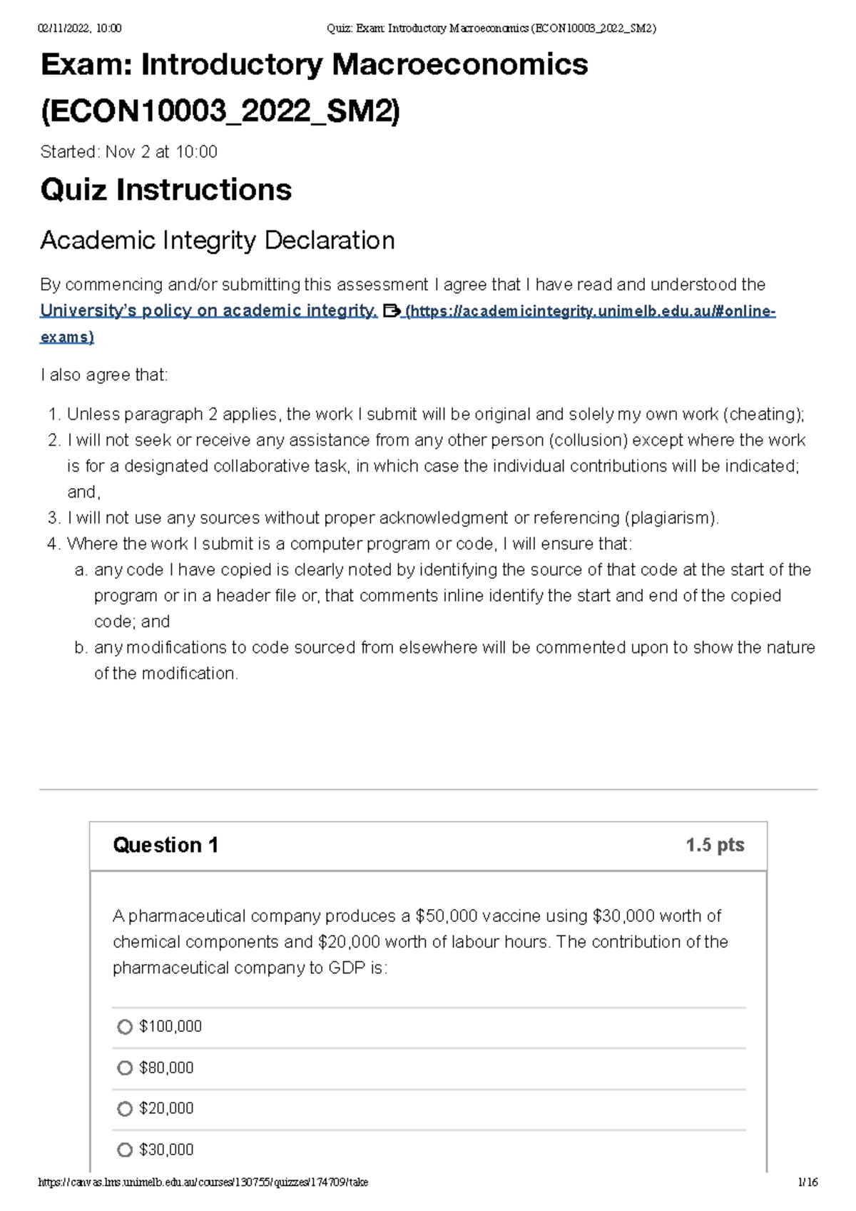 final exam 2022 semester 2 - Exam: Introductory Macroeconomics (ECON10003_2022_SM2) Started: Nov ...