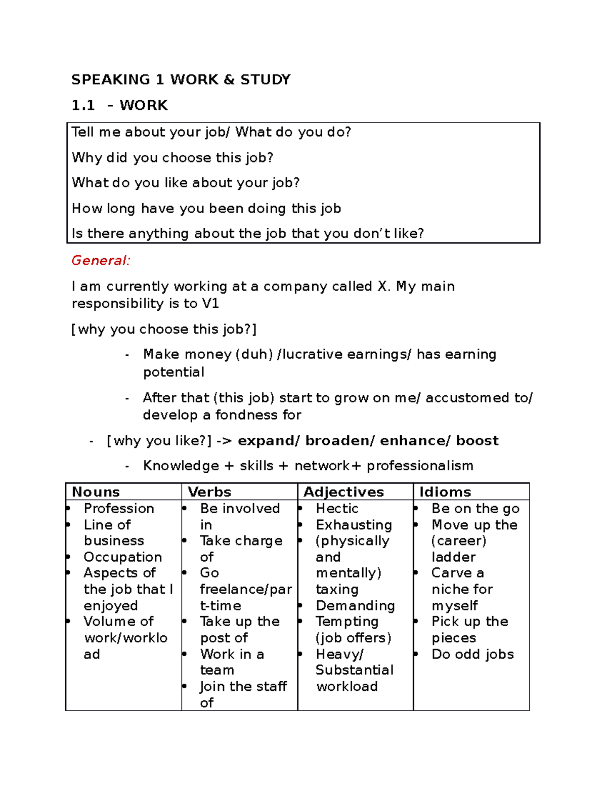 Speaking 1 WORKn Study - kiki - SPEAKING 1 WORK & STUDY 1 – WORK Tell ...