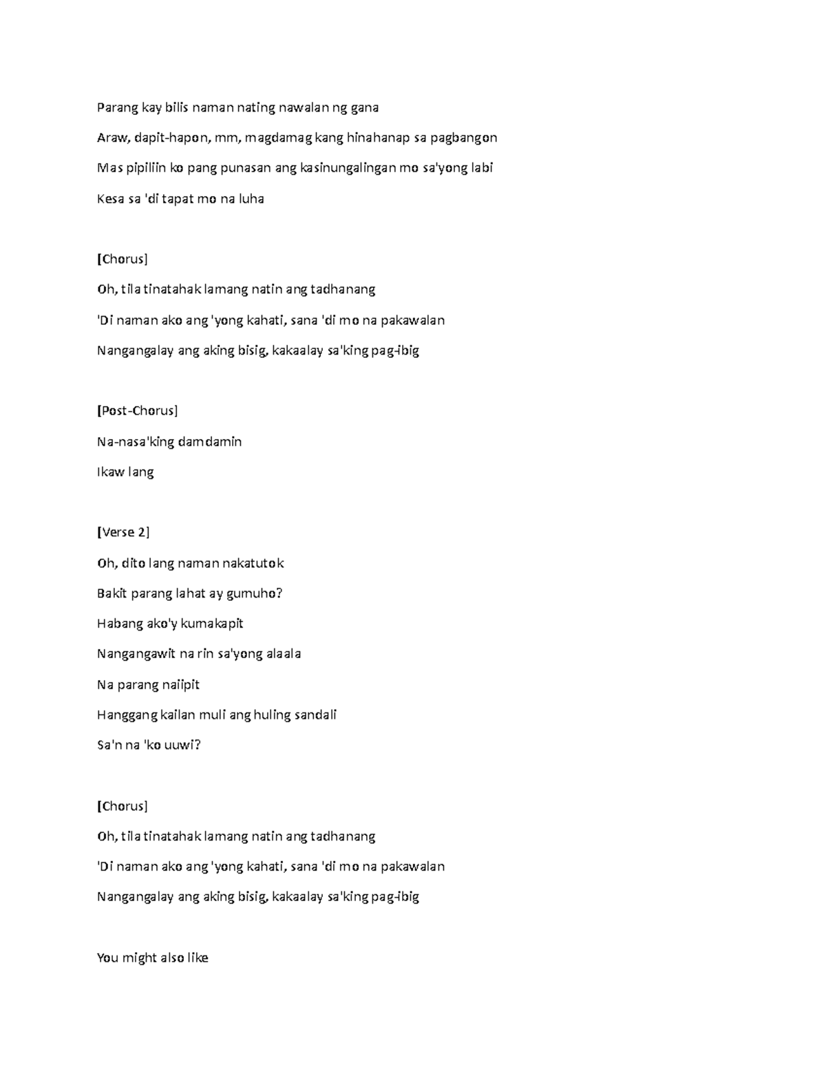 Filipino Lecture - Oh, tila tinatahak lamang natin ang tadhanang 'Di ...