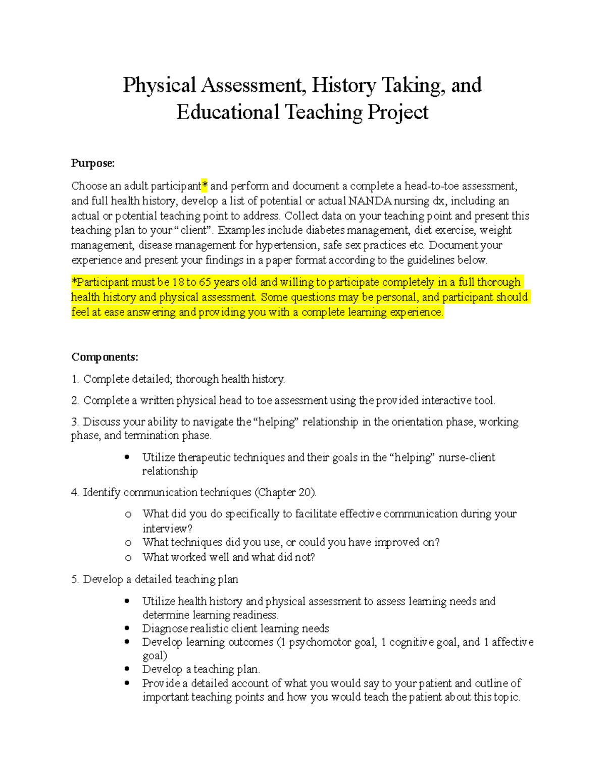 Physical Project - Physical Assessment, History Taking, and Educational ...