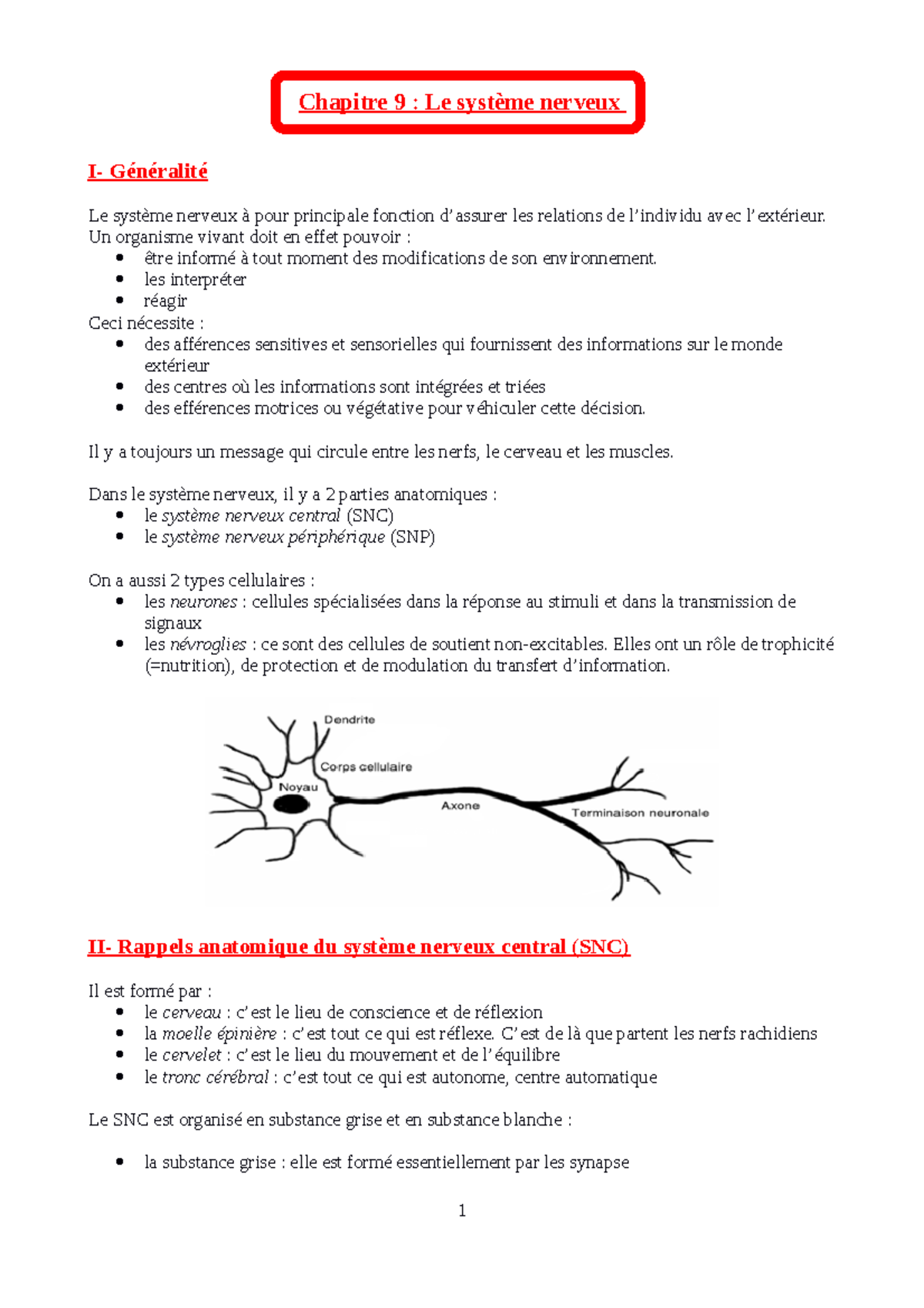9 ; système nerveux - Chapitre 9 : Le système nerveux I- Généralité Le ...