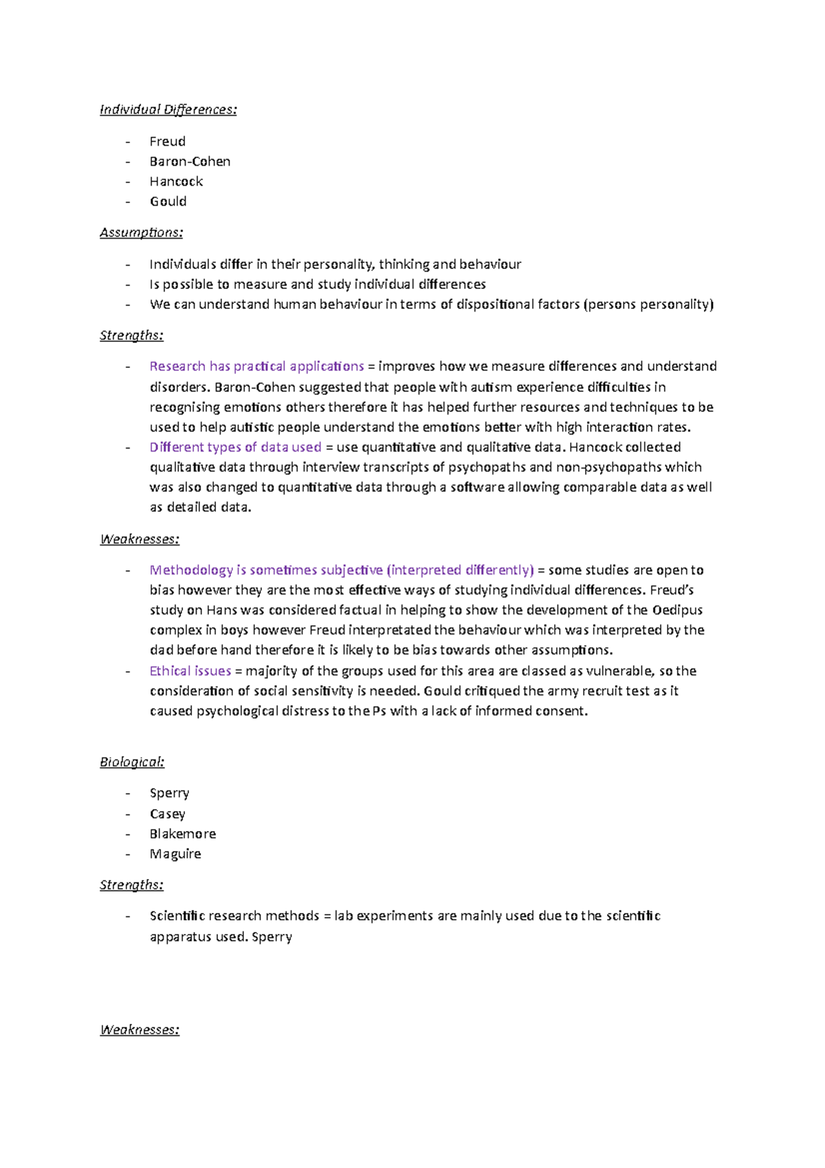 Area of psychology - revision notes - Individual Differences: Freud ...