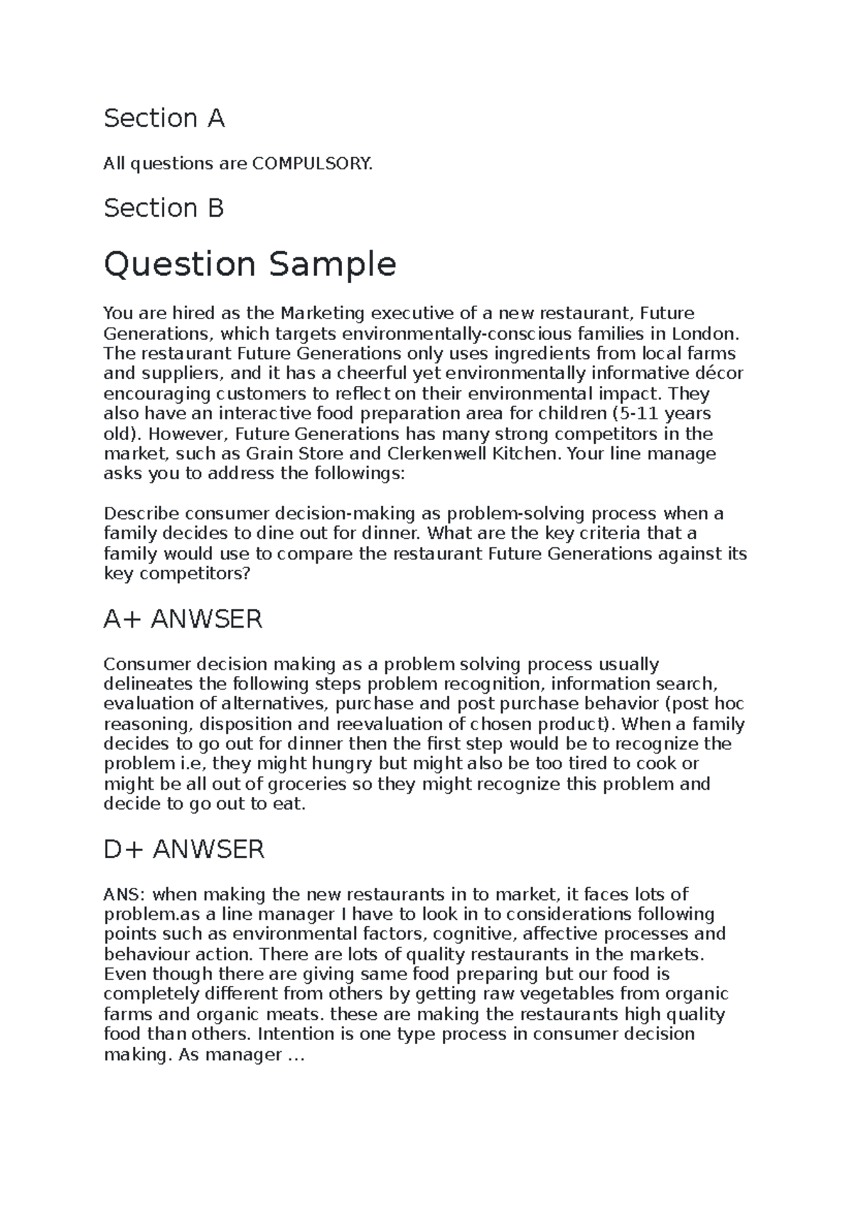 Section A - Exam prep - Section A All questions are COMPULSORY. Section ...